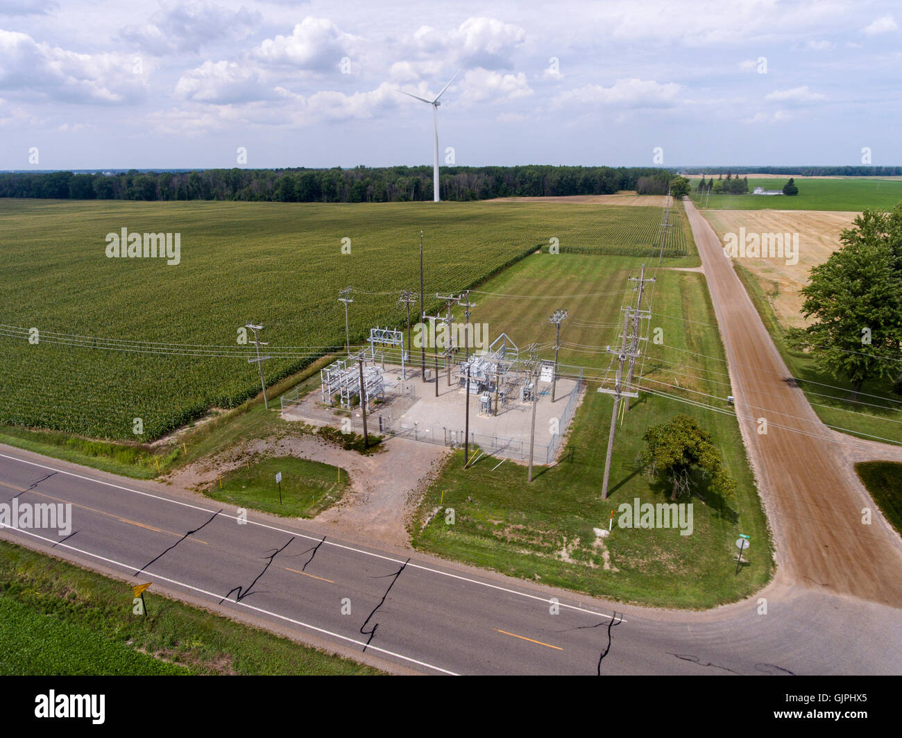 Aerial view of Wind turbines producing electrical energy in Ubly ...