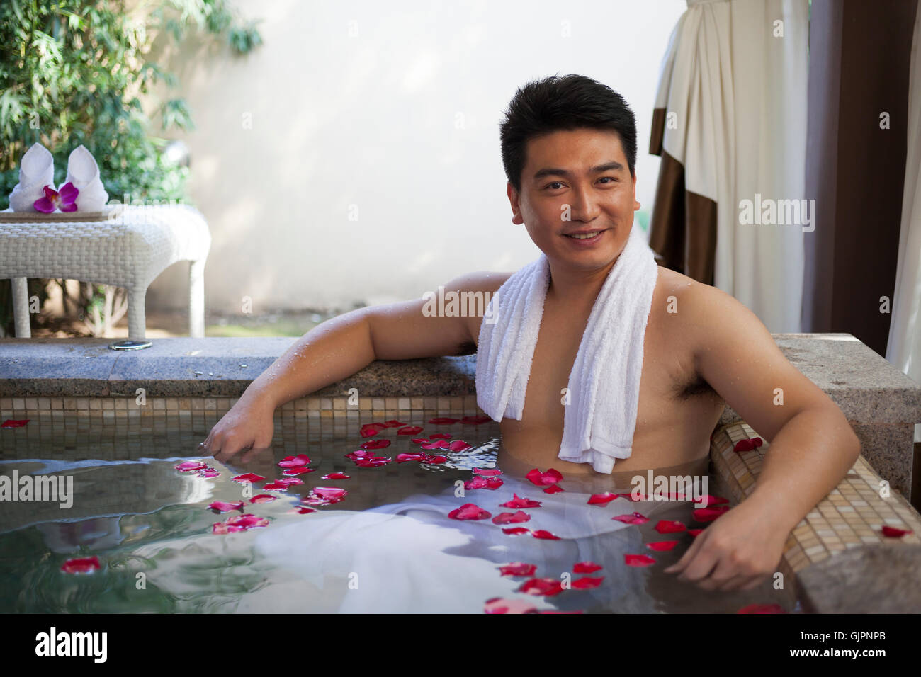 Middle-aged men hot springs Stock Photo - Alamy