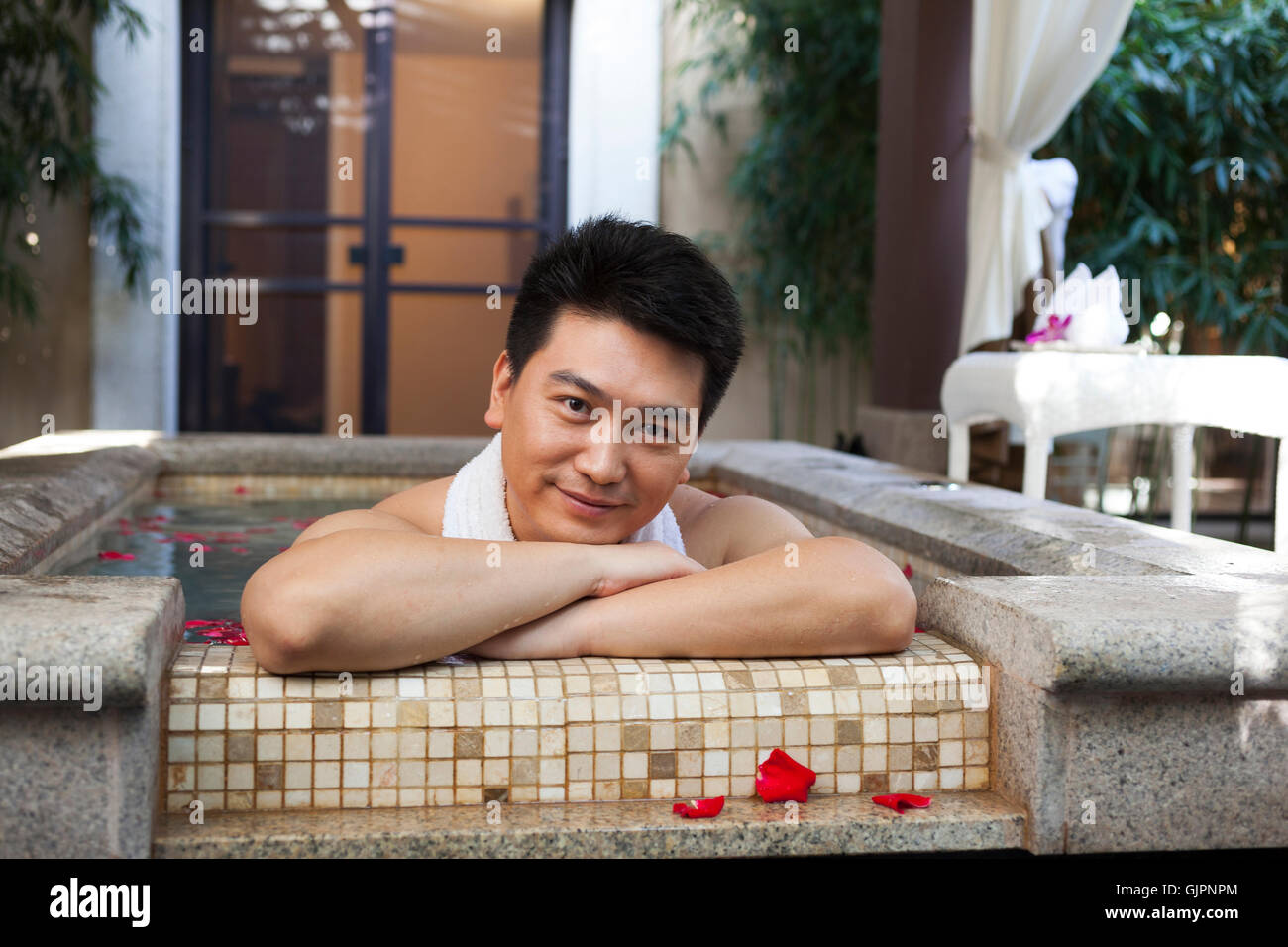 Middle-aged men hot springs Stock Photo - Alamy