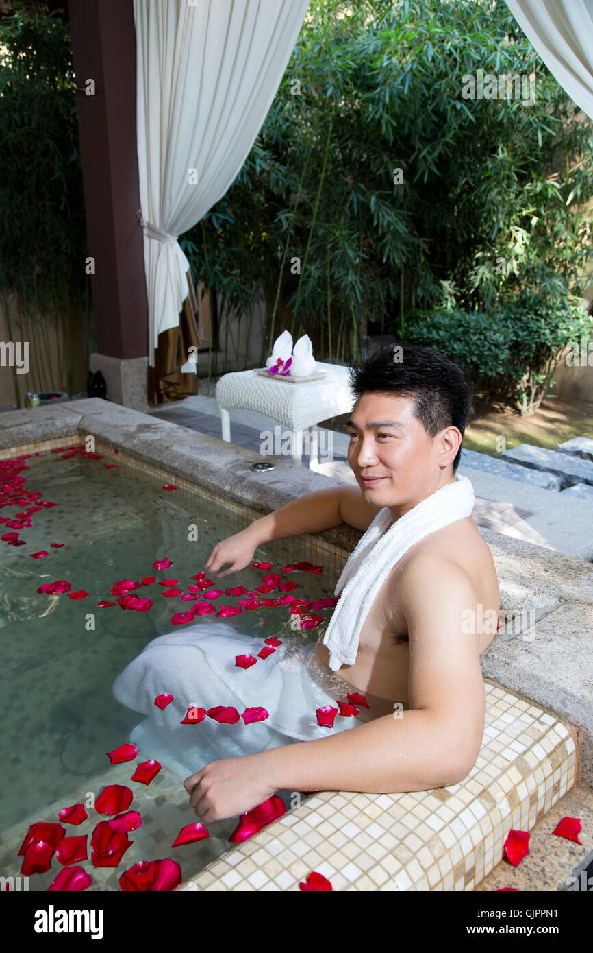 Middle-aged men hot springs Stock Photo - Alamy