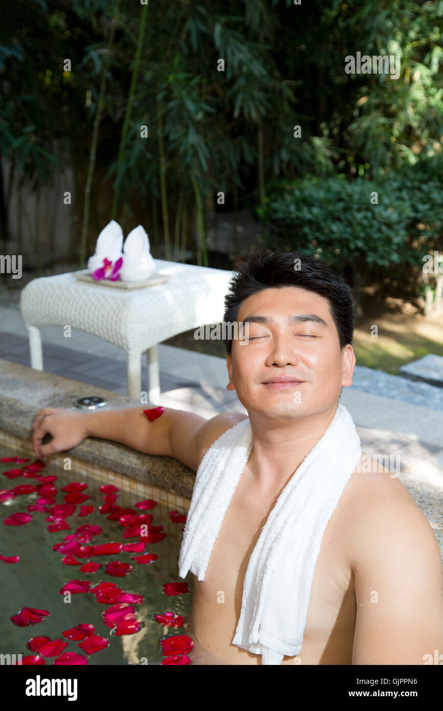 Middle-aged men hot springs Stock Photo - Alamy