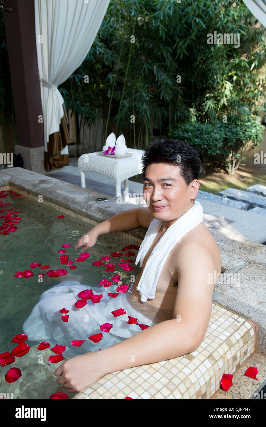 Middle-aged men hot springs Stock Photo - Alamy