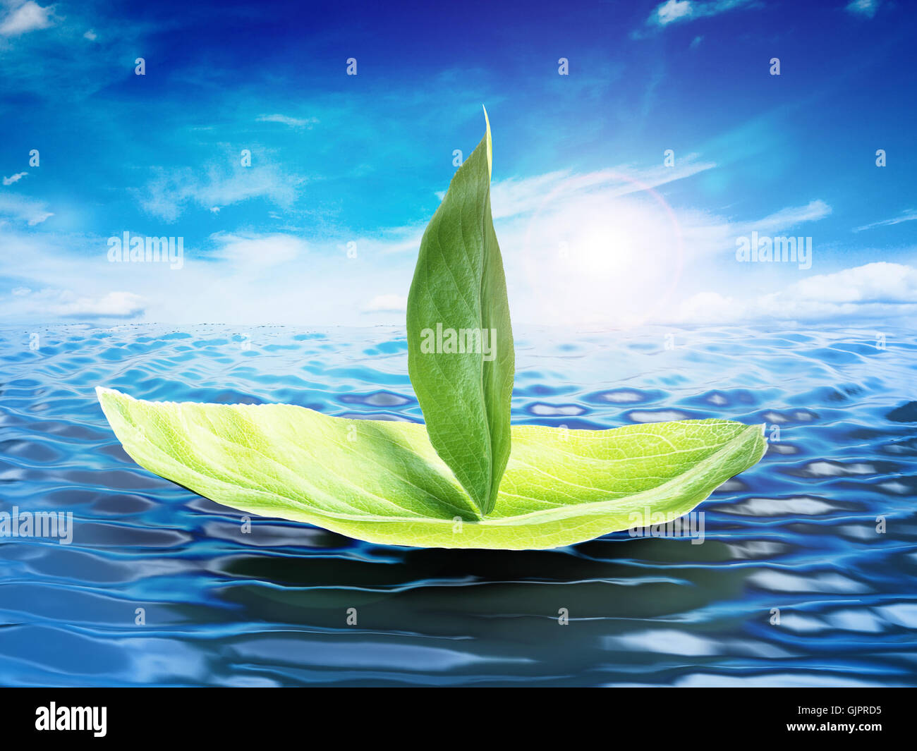 Green leaves forming a ship floating on sea level. 3D illustration ...