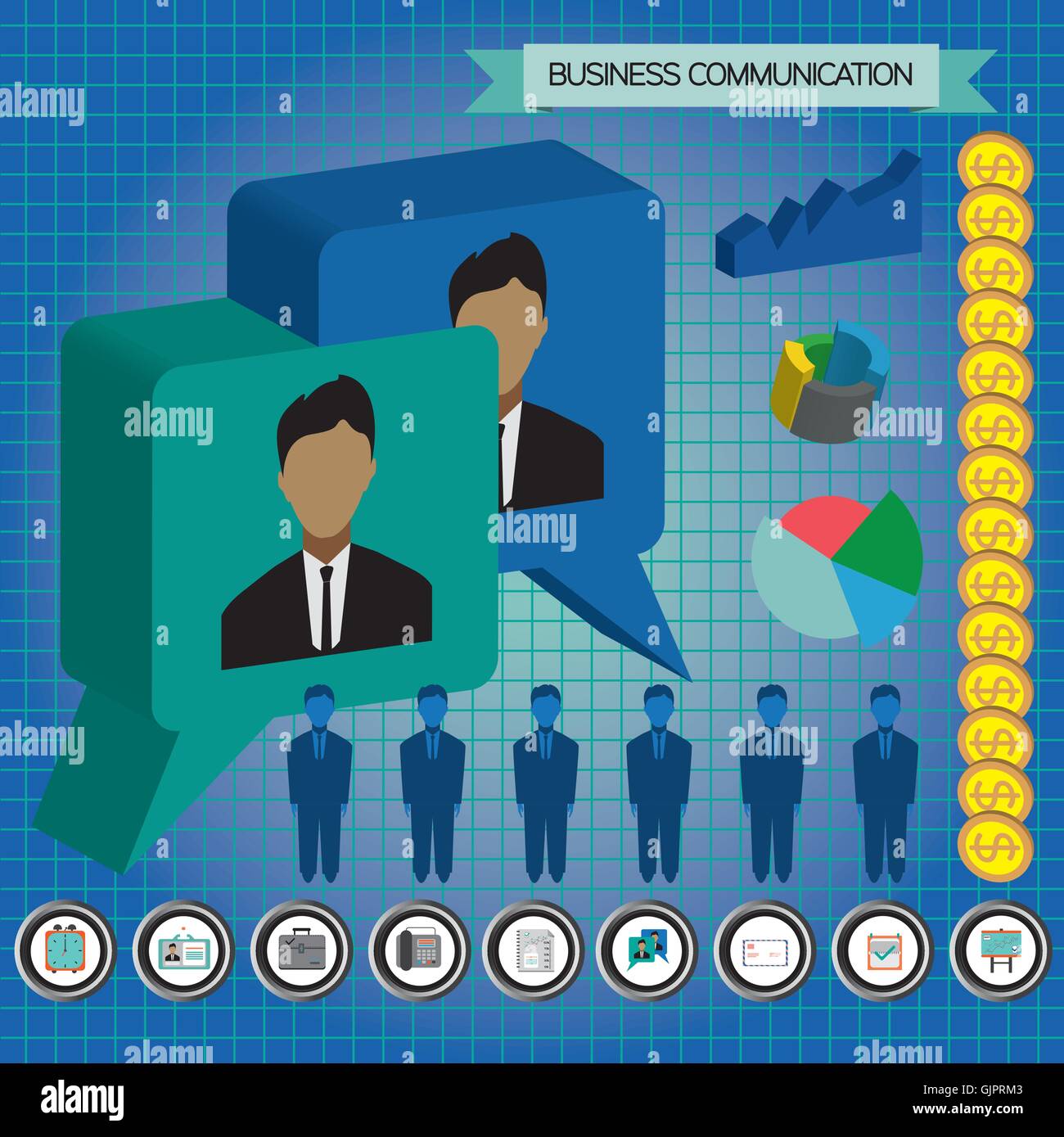 Business communication infographic with icons, persons, money and ...