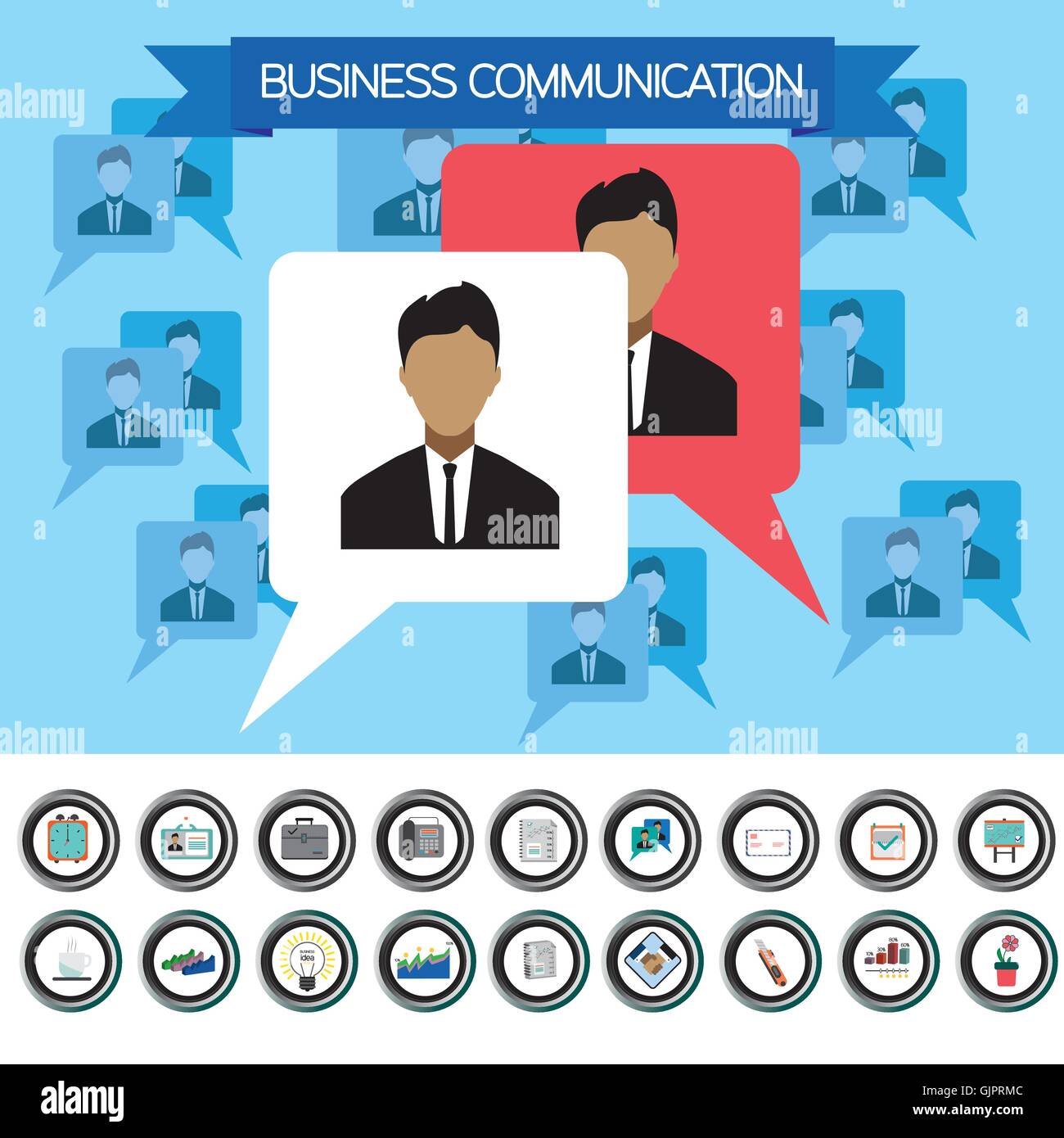 Business communication infographic with icons, persons and team members ...
