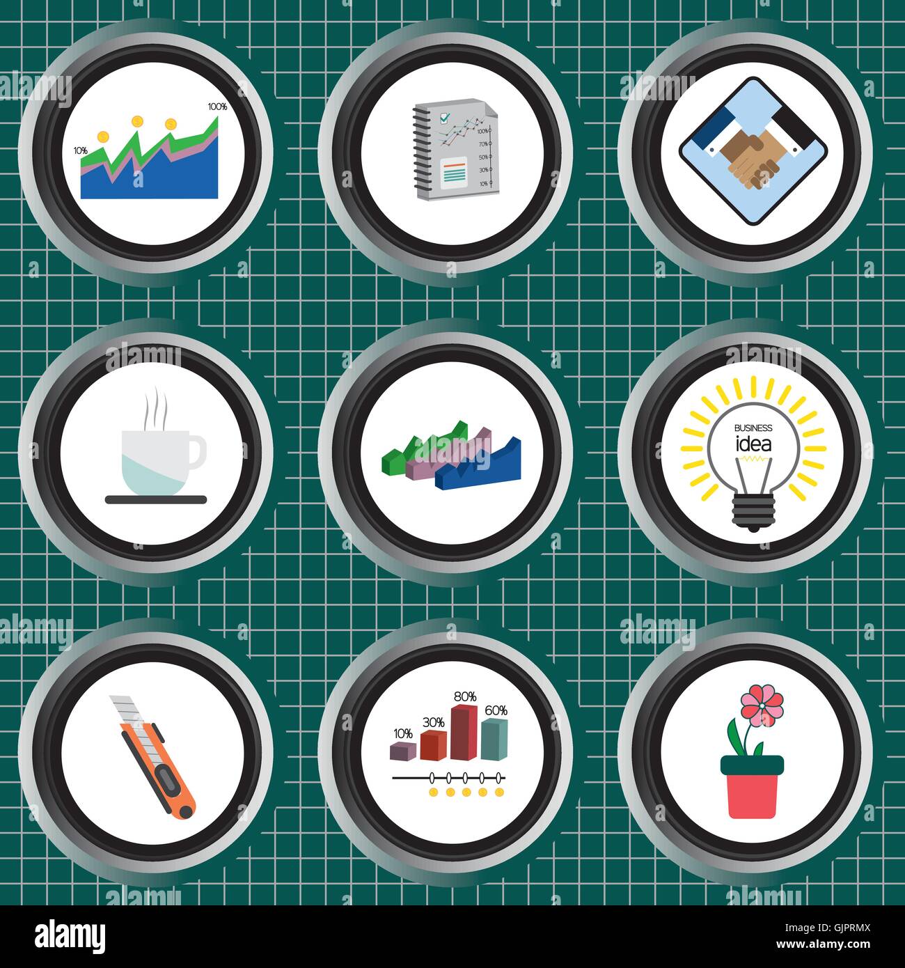 Business icons set, flat style over silver background with white grid ...