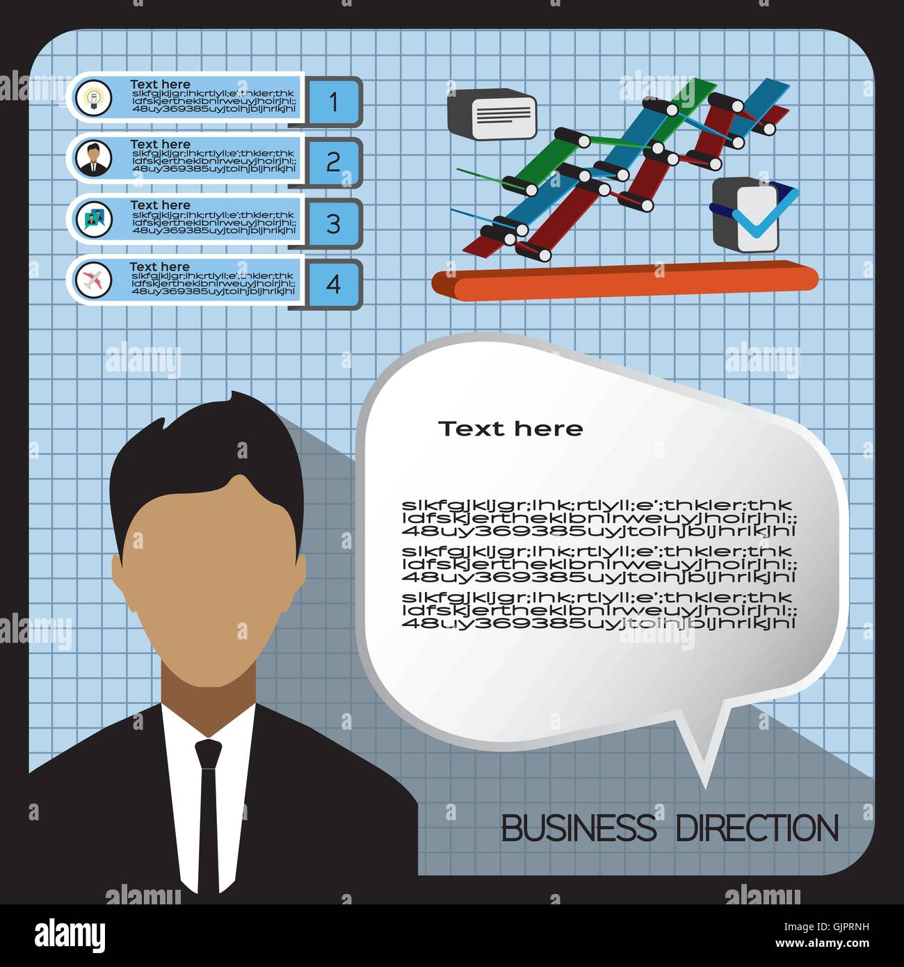 Business elements infographic with icons, charts and person, flat ...