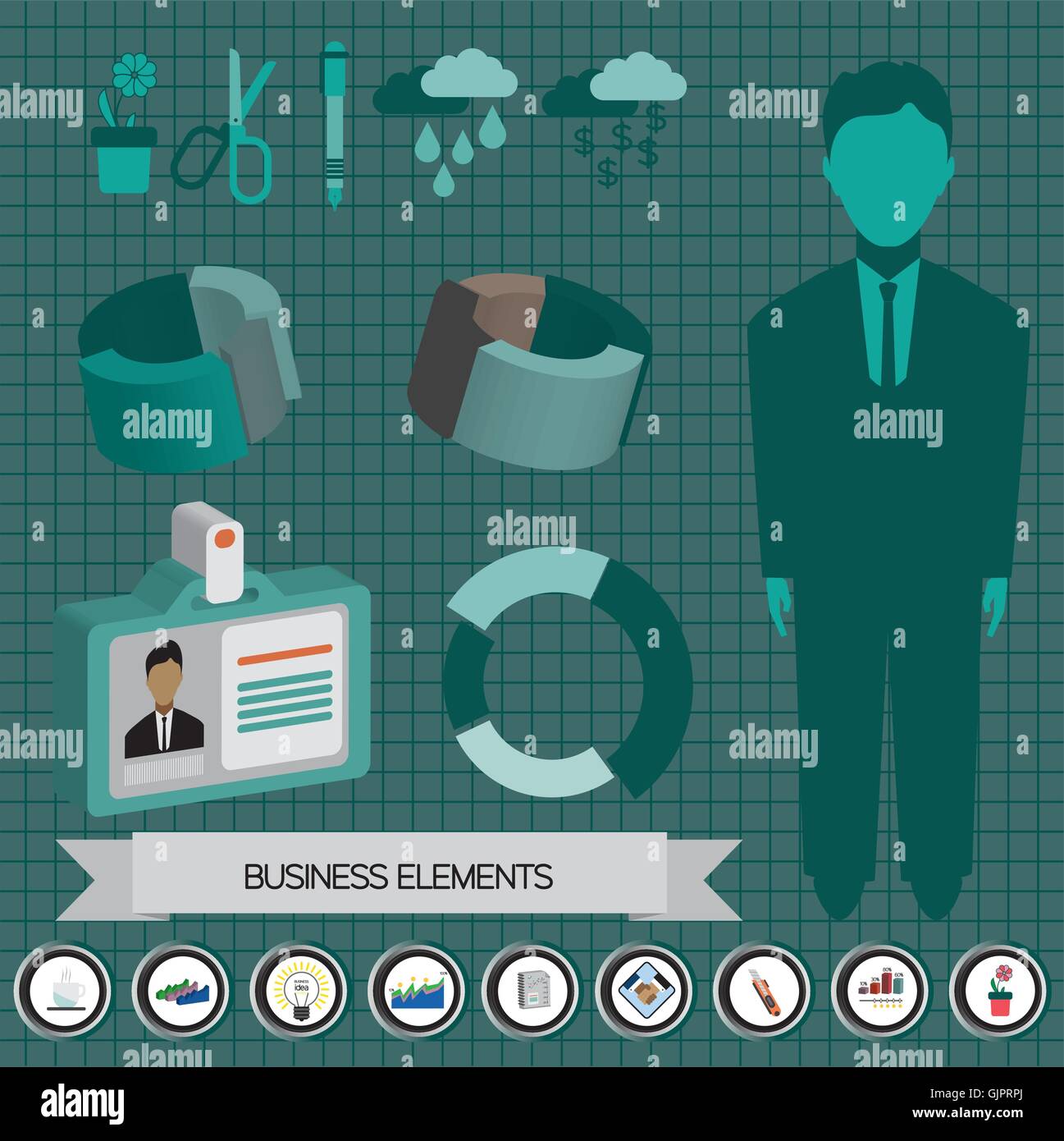 Business elements infographic with icons, persons, idea, charts and ...