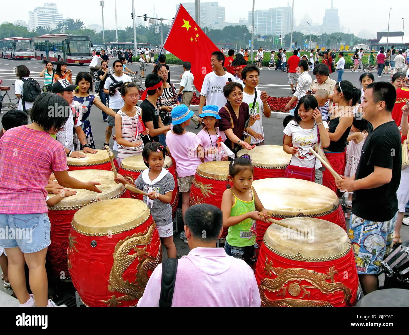 Cheerleaders prepared to beat drums for cheering 2008 Beijing Olympic ...