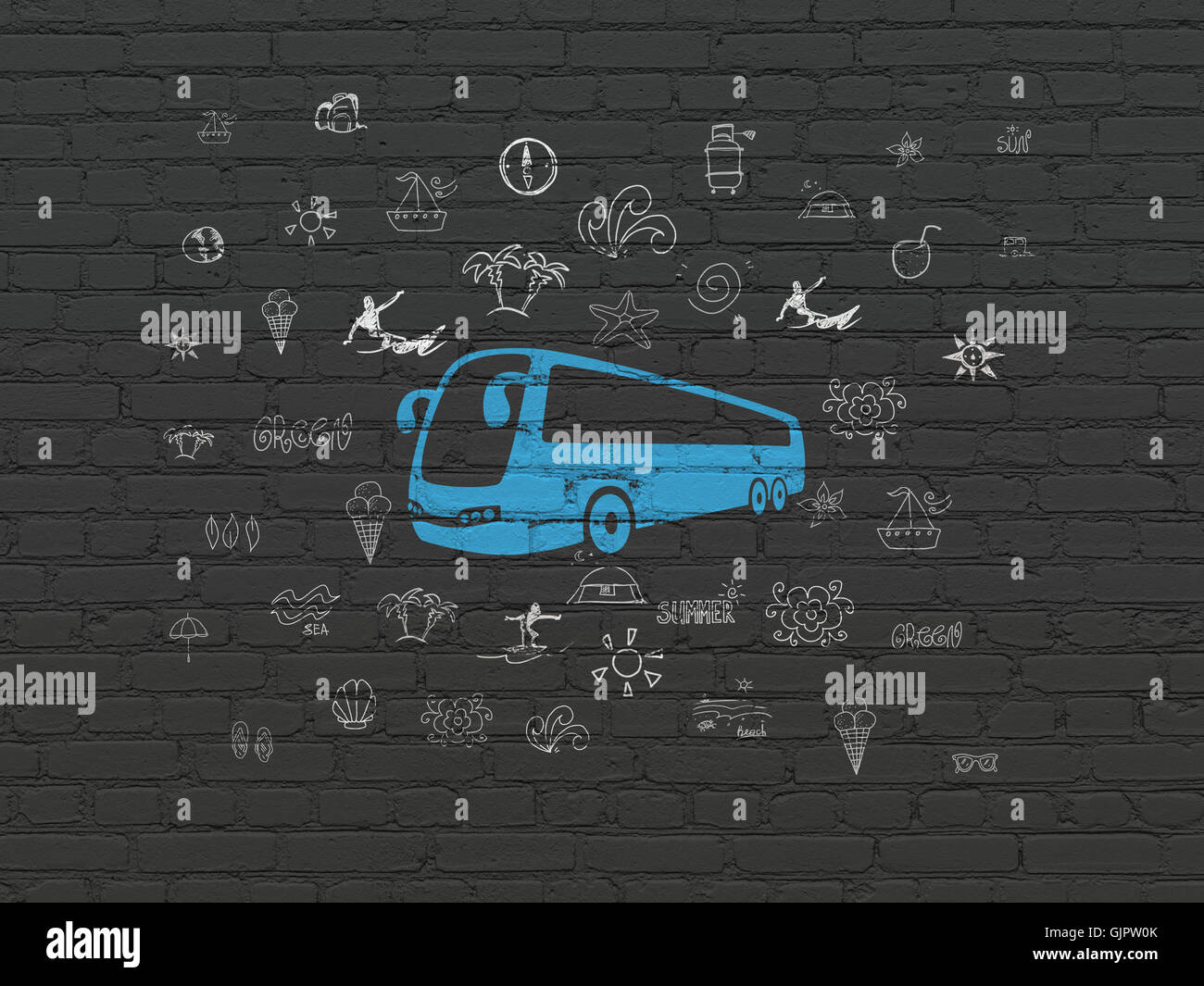 Tourism concept: Bus on wall background Stock Photo - Alamy