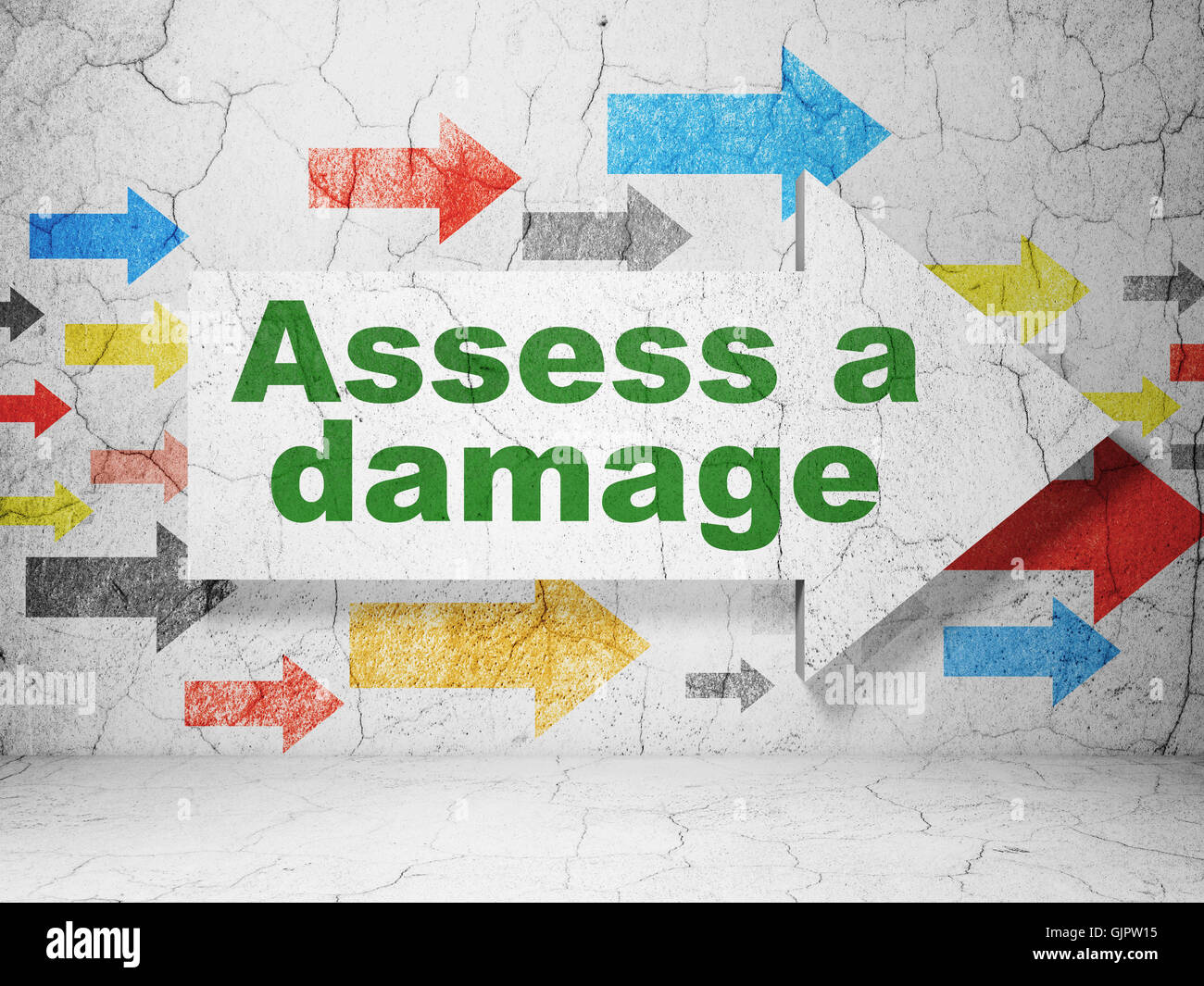 Insurance concept: arrow with Assess A Damage on grunge wall background ...