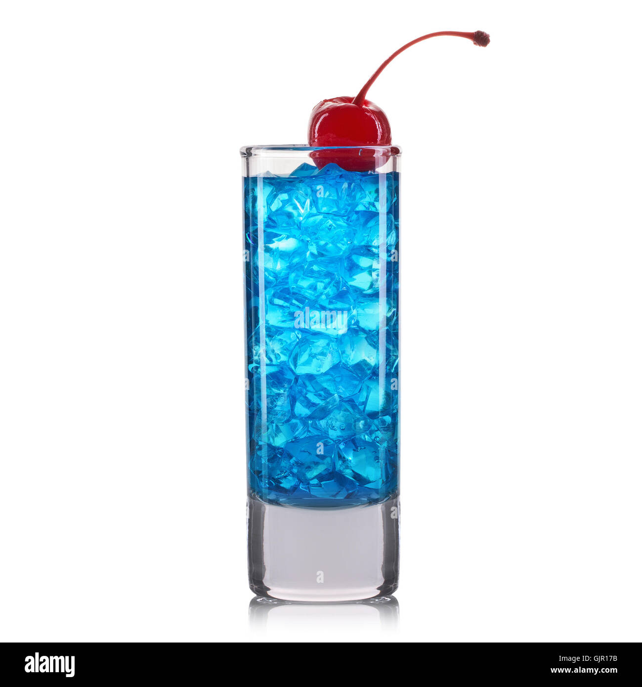 Blue curacao cocktail shot with cherry isolated on white background ...
