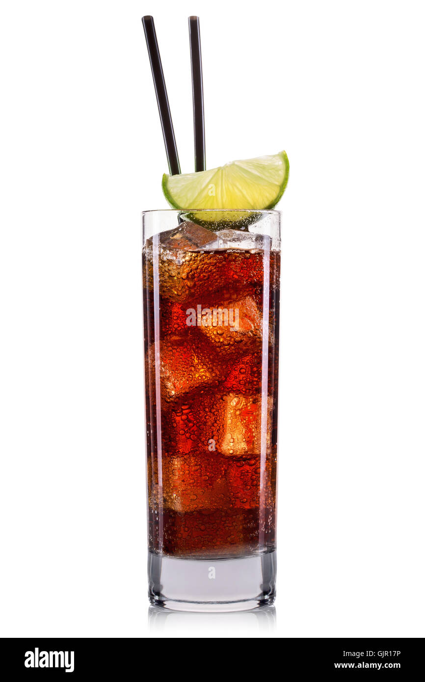 Cola cocktail ice cubes and lime, cuba libre isolated on white ...