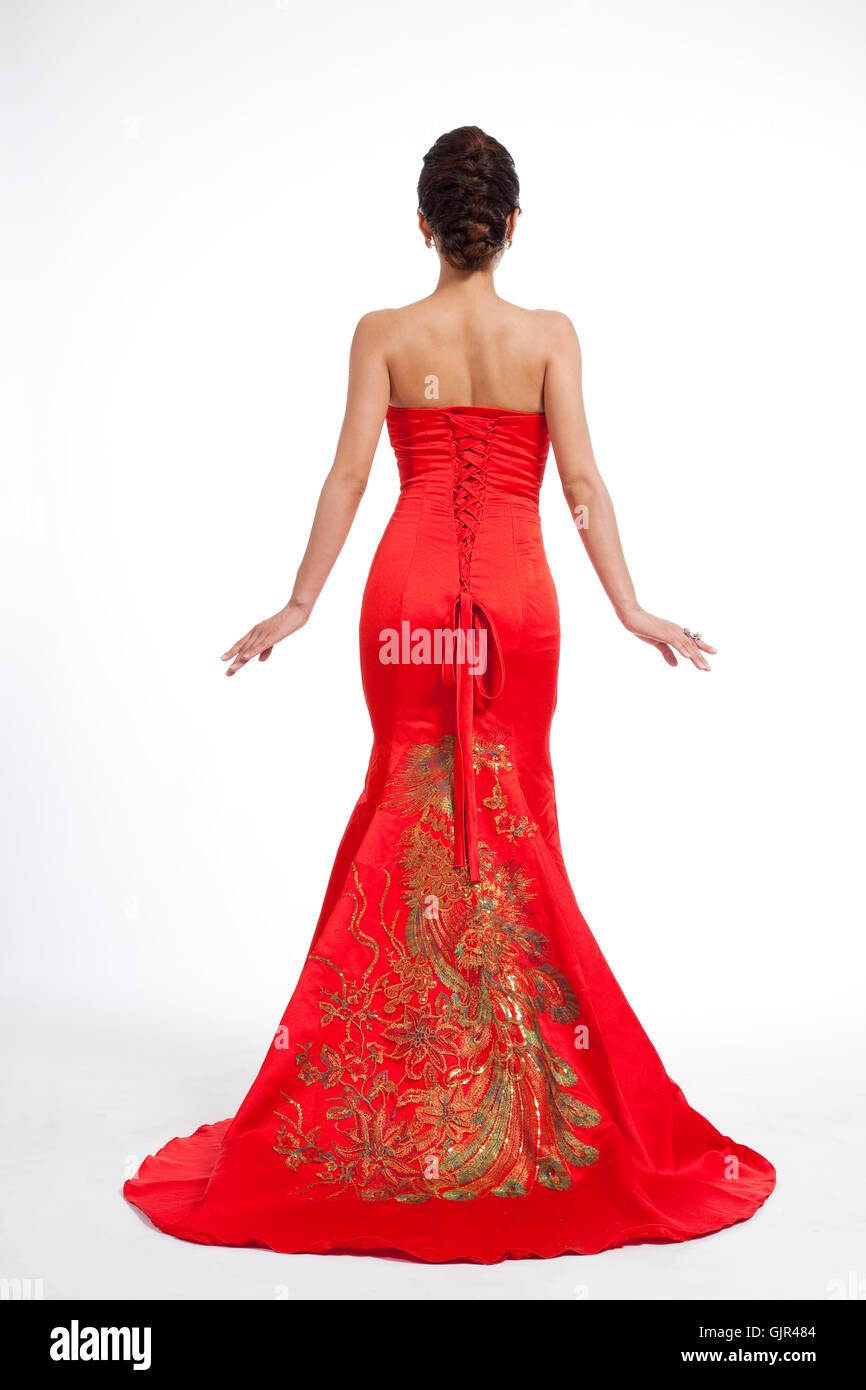Studio shot Young woman dressed in traditional Chinese costumes back ...