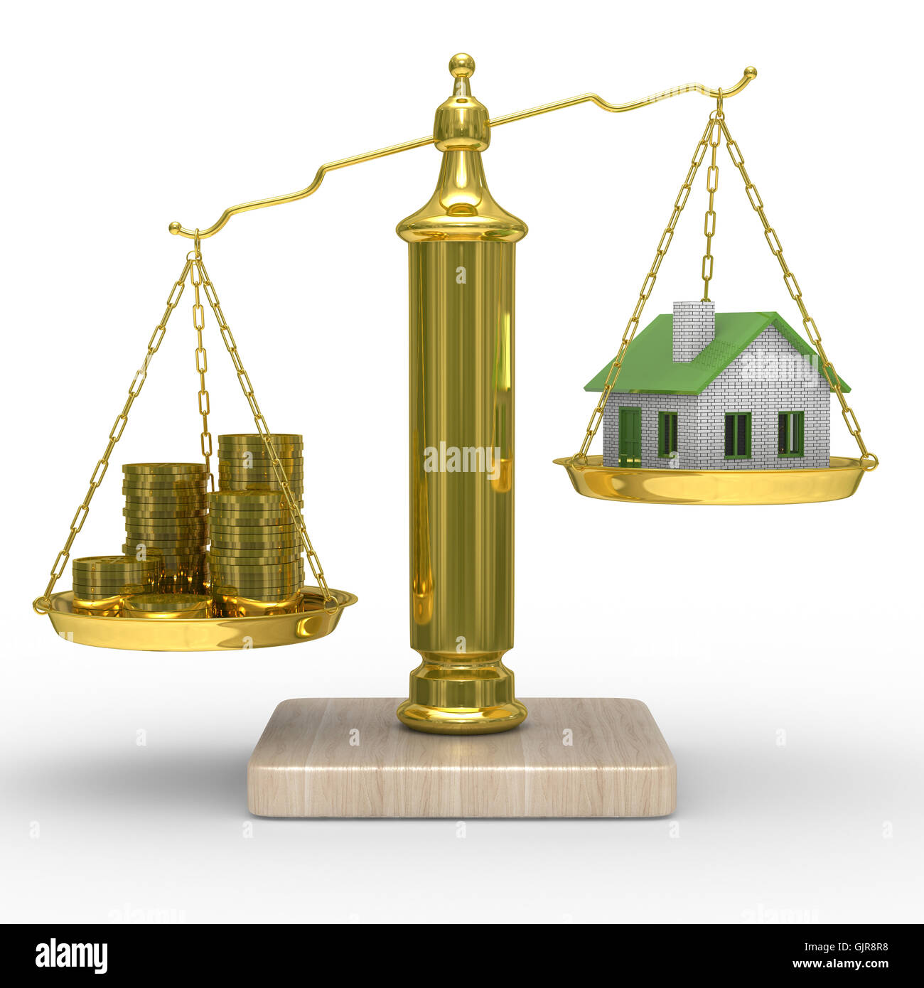 house and cashes on scales. Isolated 3D image Stock Photo - Alamy