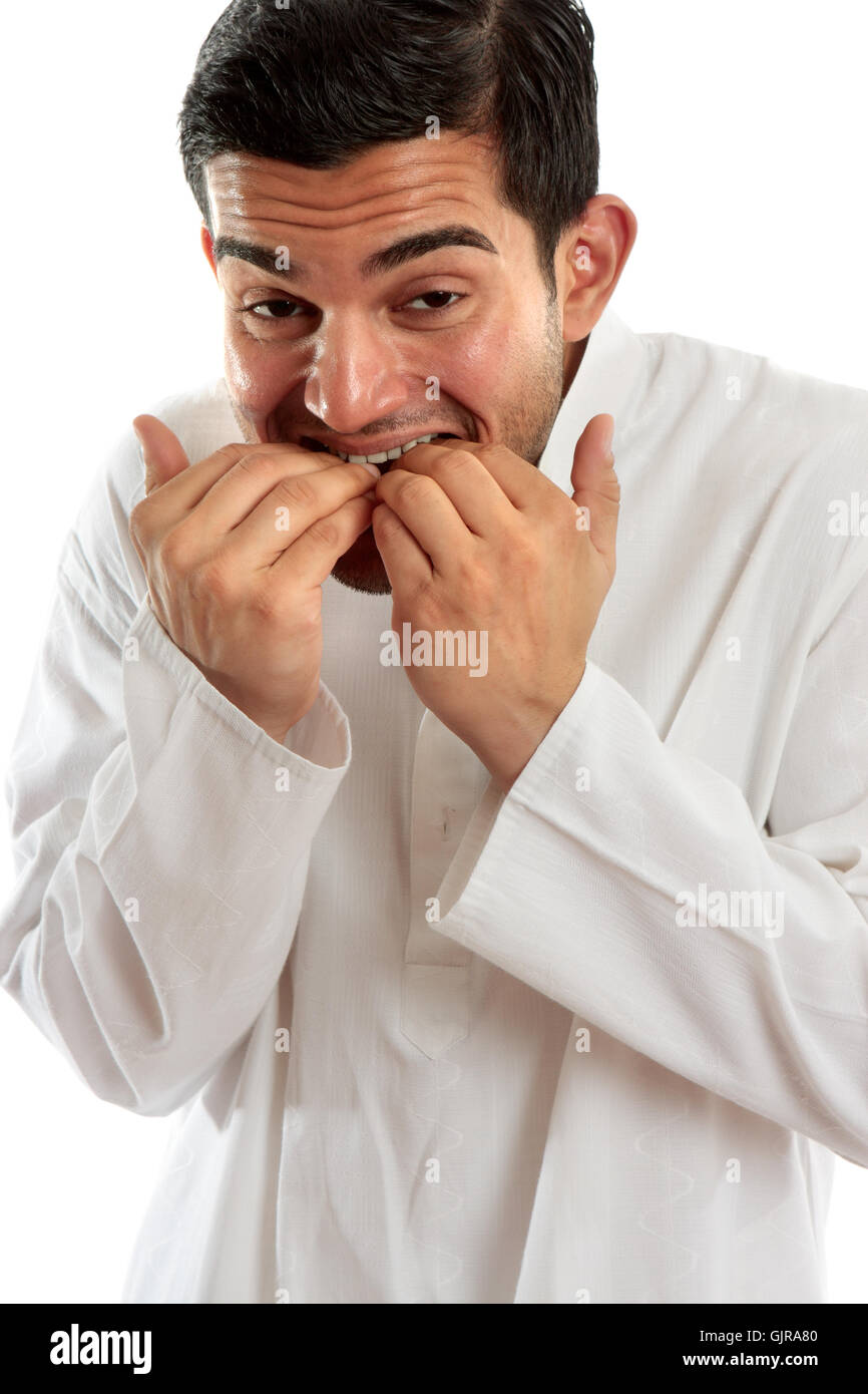 Man biting fingernails anxiety stress or terrified Stock Photo - Alamy