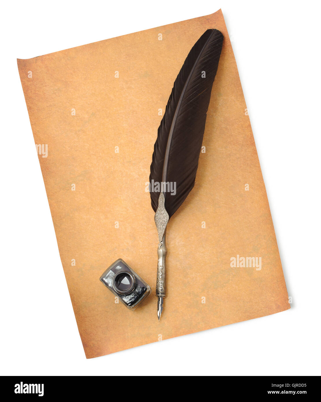 Feather quill and inkwell on an old paper Stock Photo - Alamy