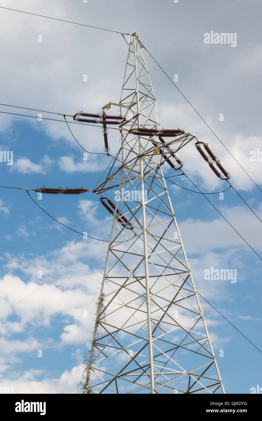 High voltage electric pole with wires, line of electricity ...