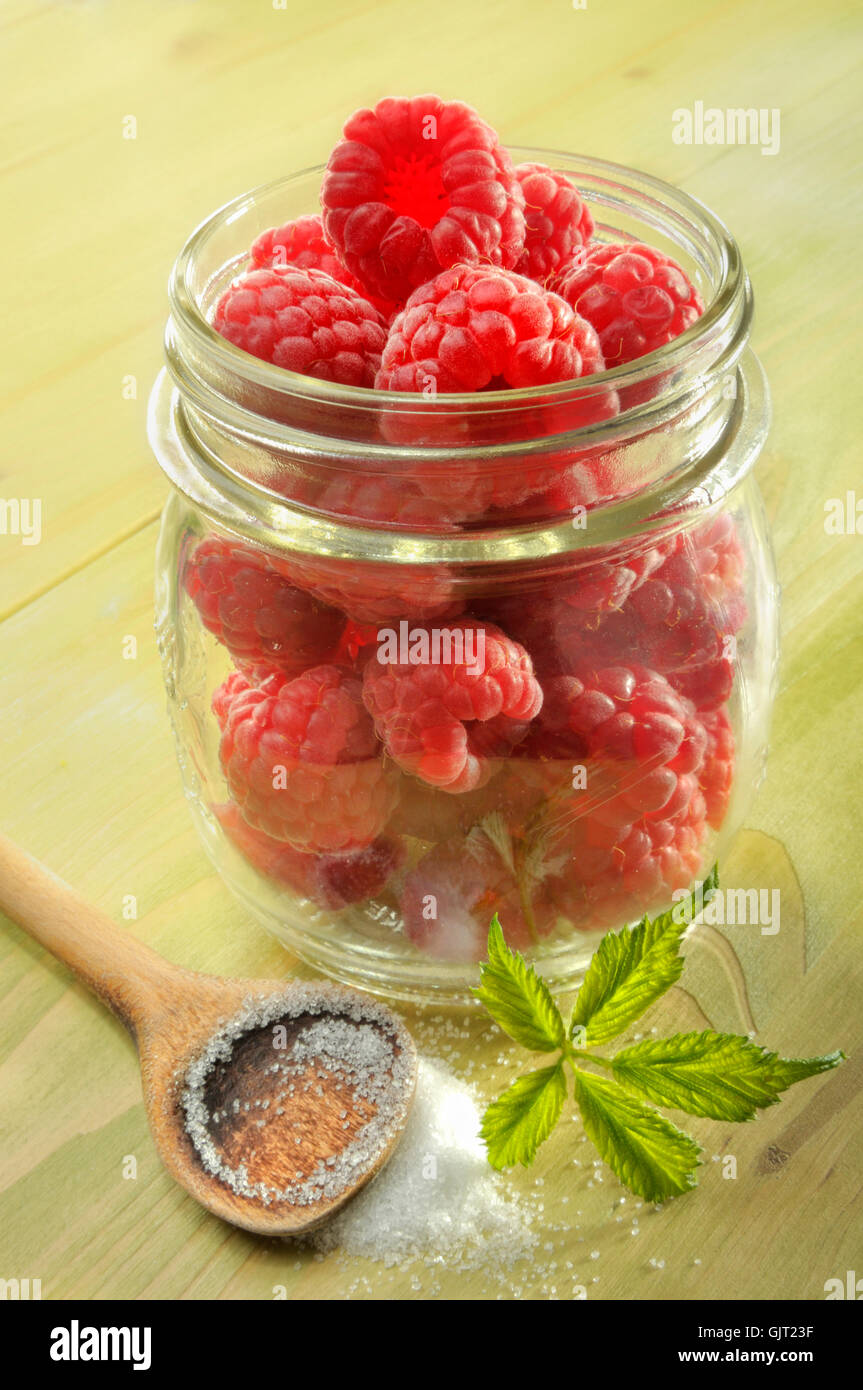 ingredients for raspberry jam Stock Photo - Alamy