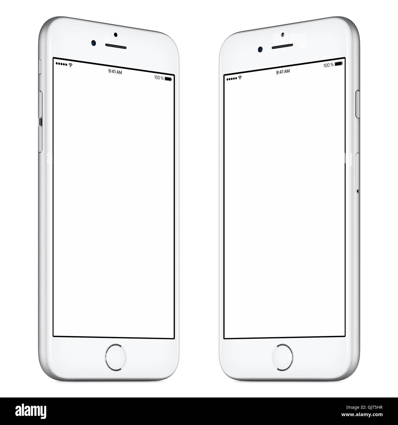 White mobile smart phone mockup slightly rotated both sides with blank ...