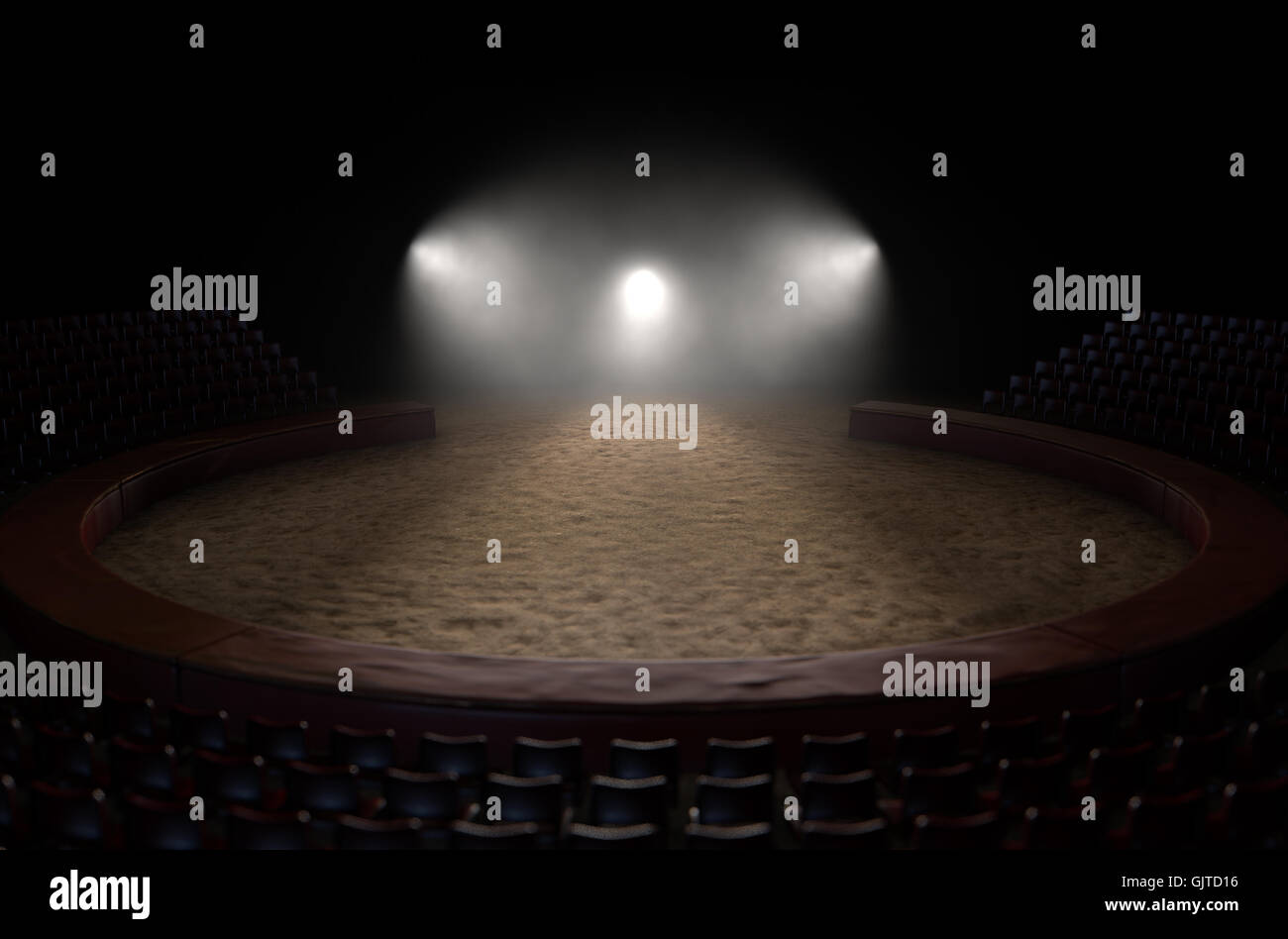 A 3D render of an empty classic circus arena back lit by dramatic spot ...