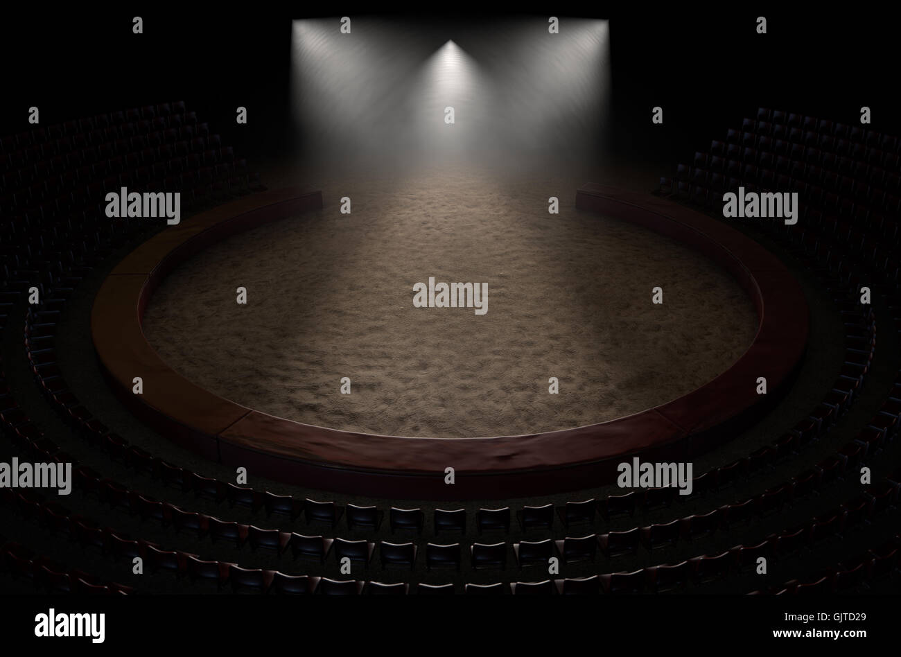 A 3D render of an empty classic circus arena back lit by dramatic spot ...