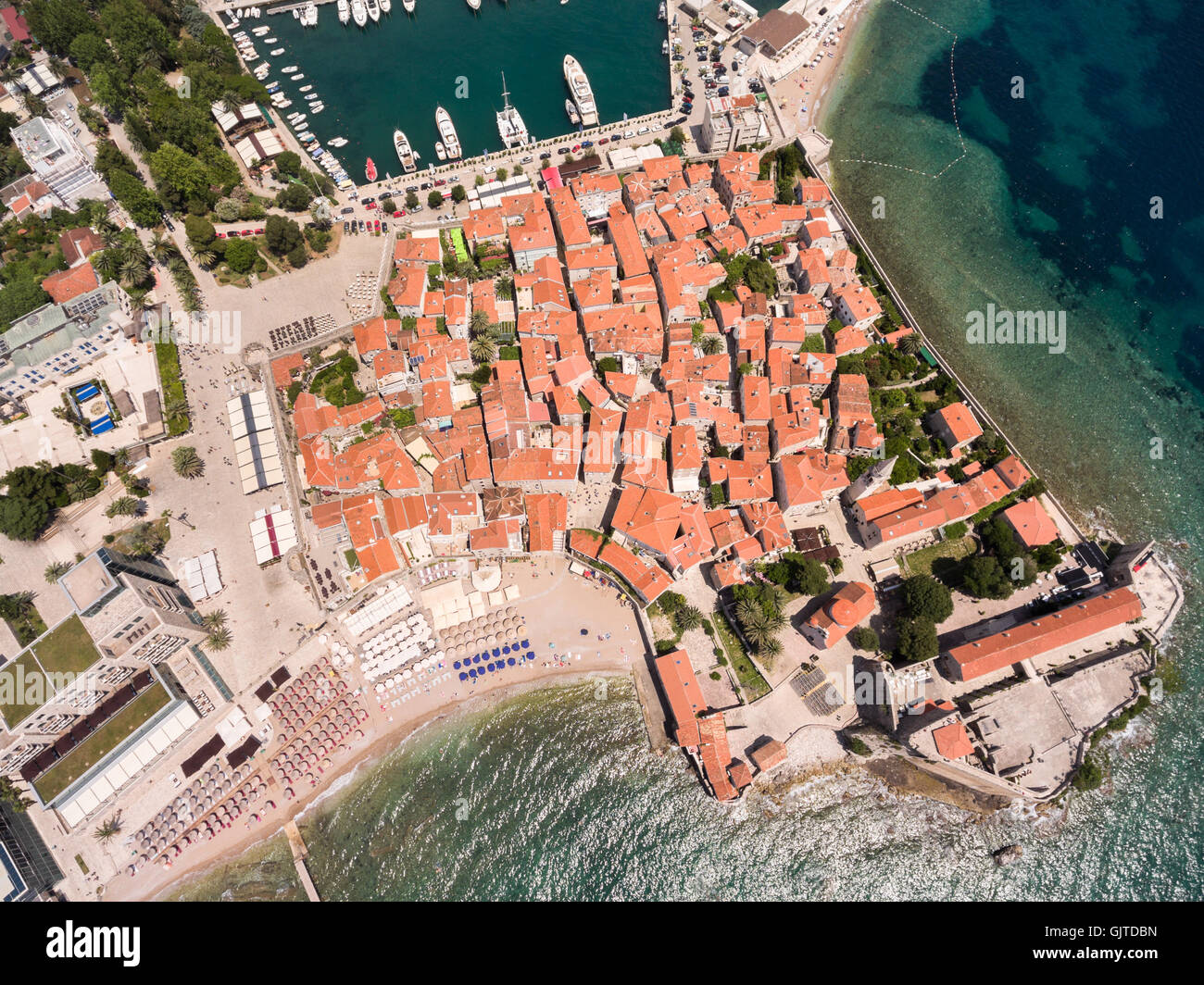 Castle of St Mary, fortification of old town of Budva city. Aerial shot ...