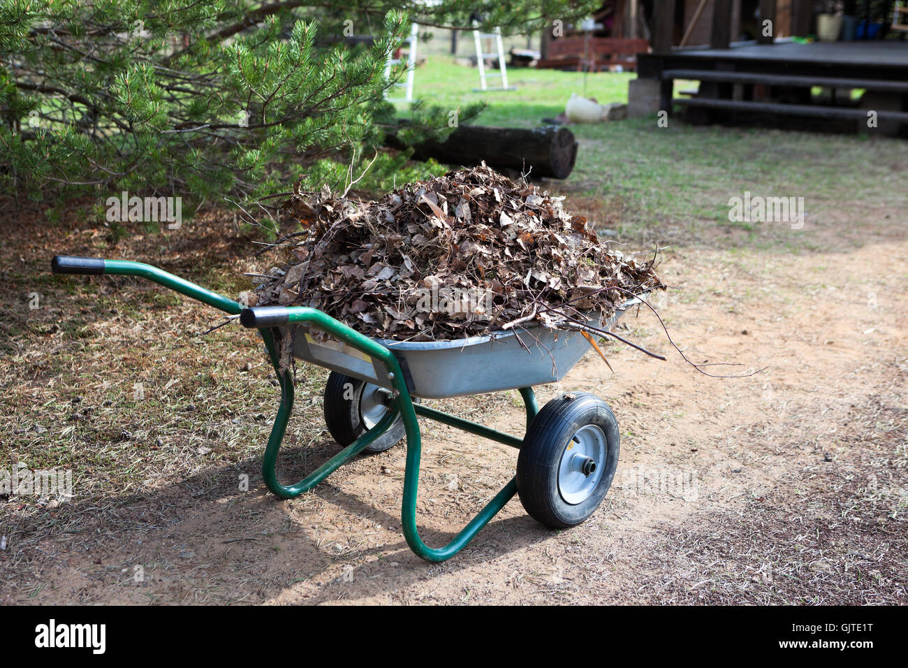 Steel wheelbarrow standing on pathway full of dry leaves Stock Photo ...