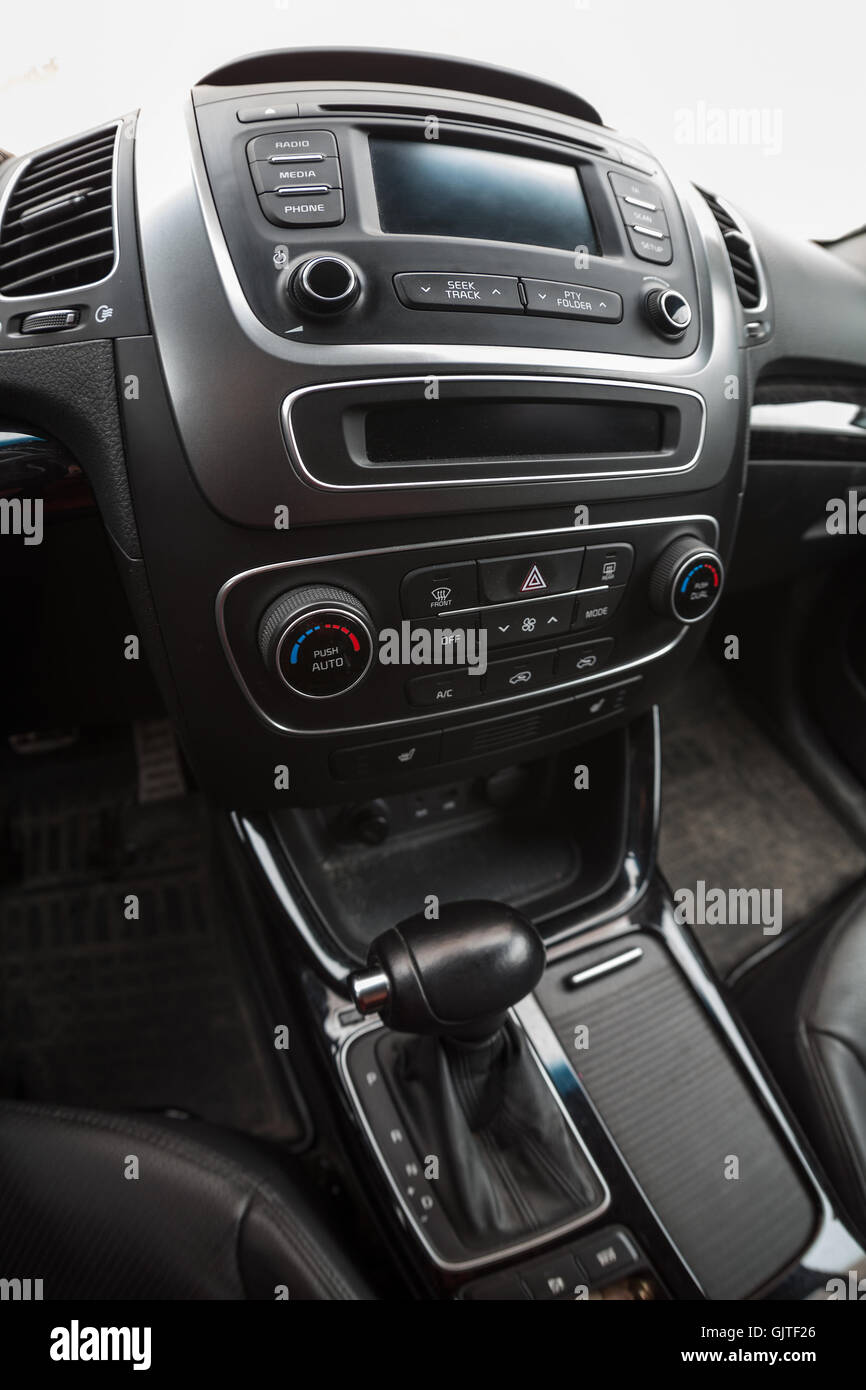 Contemporary car interior, dashboard with automatic gear box. Fisheye ...