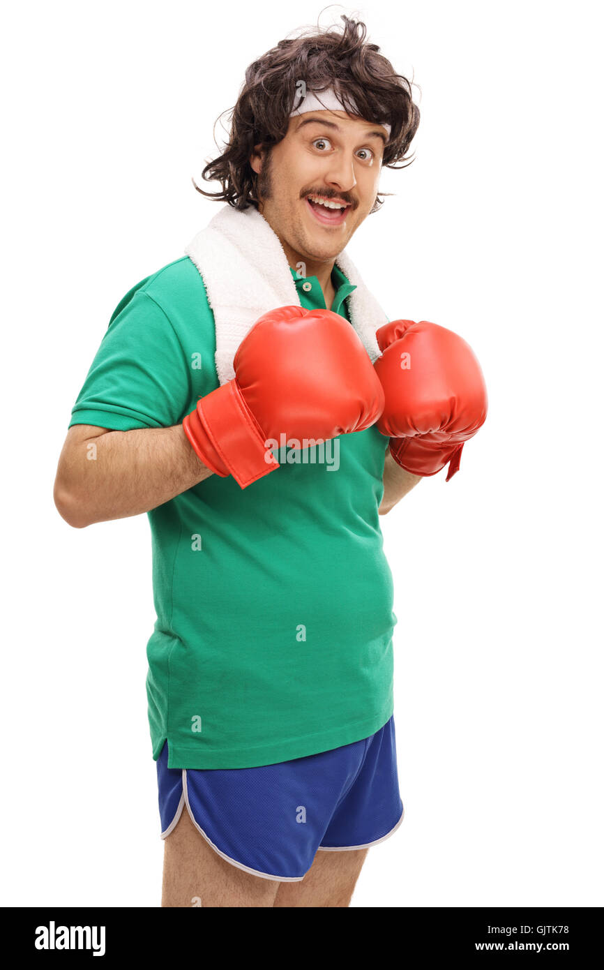 Retro boxer posing with red boxing gloves isolated on white background ...