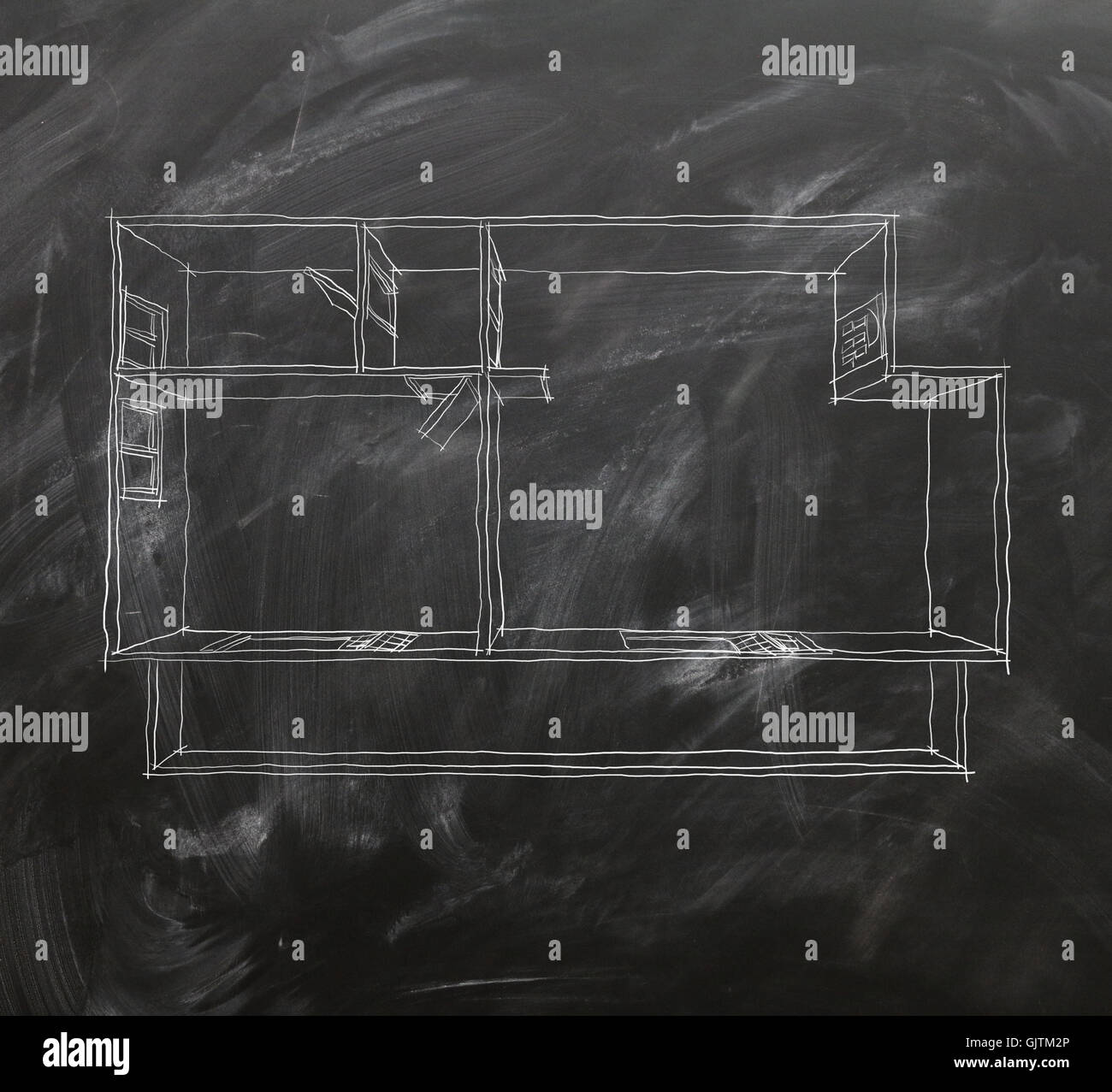 2d interior chalk freehand sketch drawing on blackboard of empty home ...