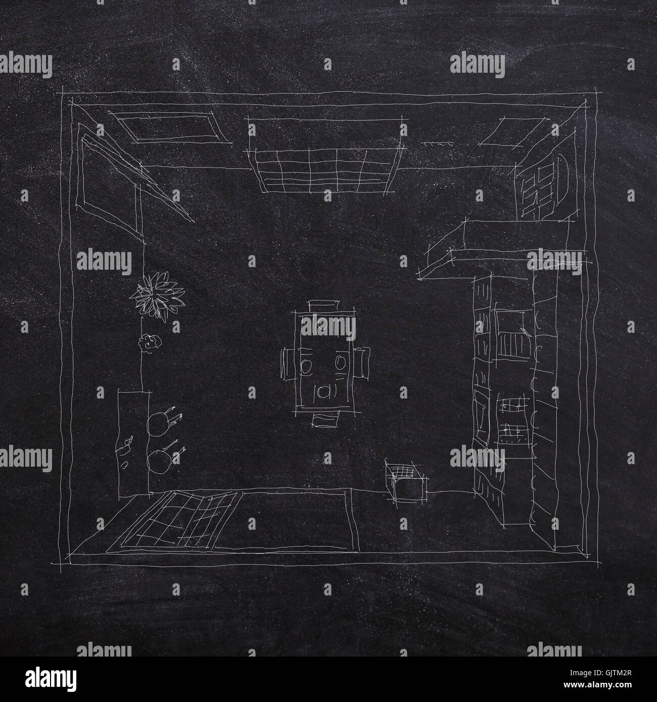 2d interior chalk freehand sketch drawing on blackboard of furnished ...