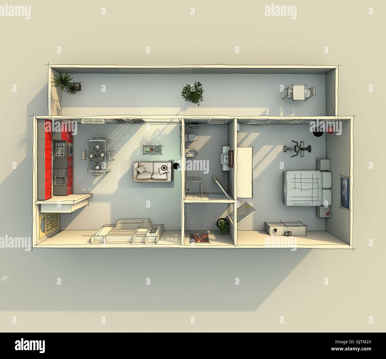 3d interior freehand sketch drawing of furnished home apartment Stock ...