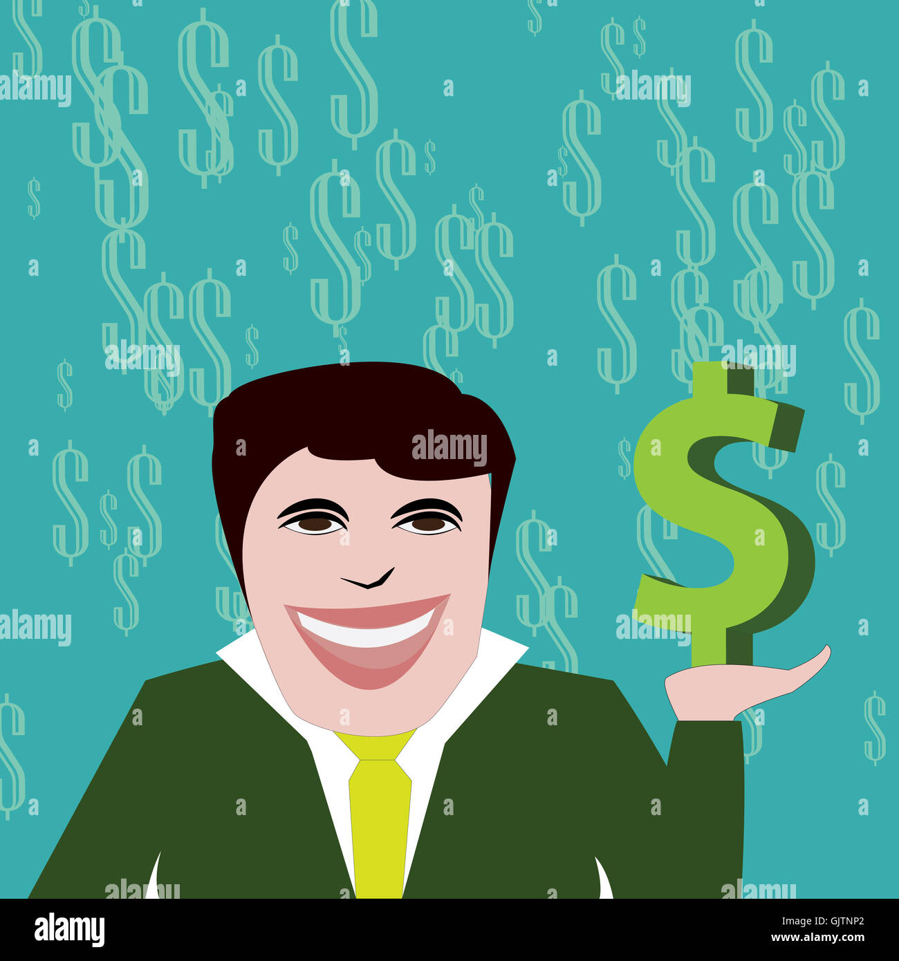 A rich businessman with a big dollar smiling at his success in ...