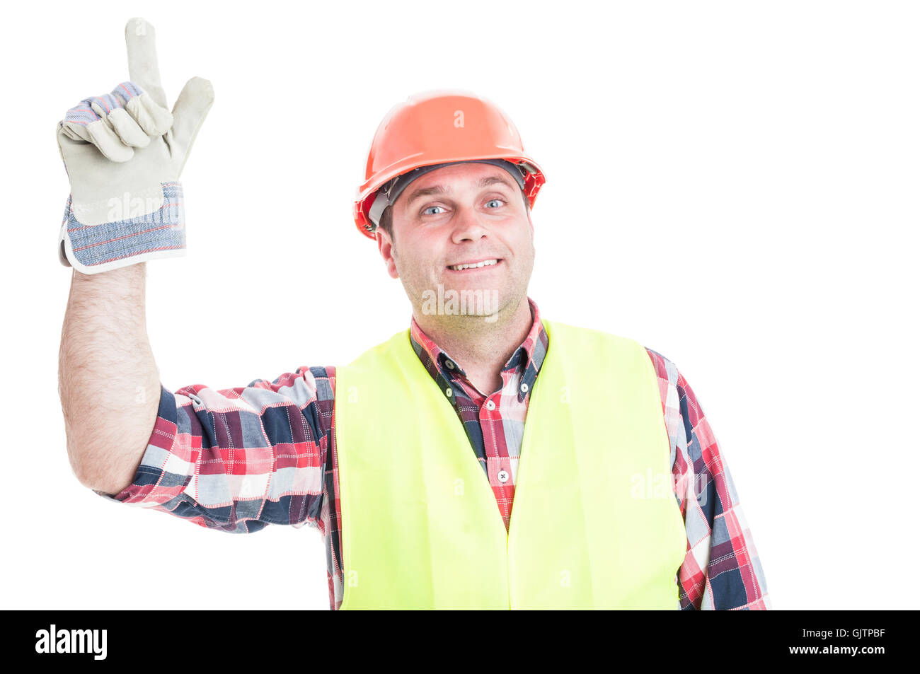 Happy builder pointing finger up and having an idea isolated on white ...
