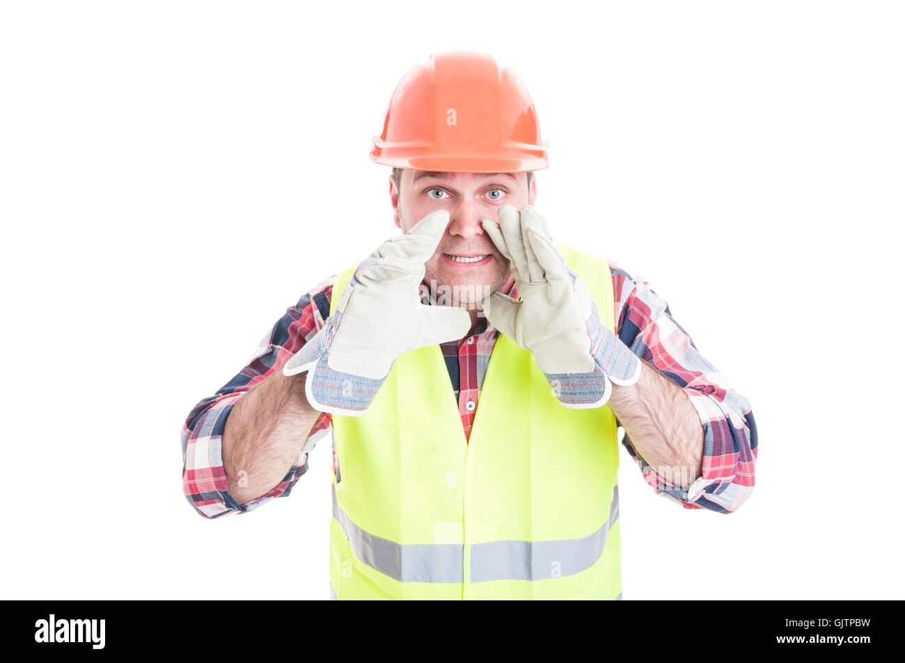 Builder in safety uniform announcing something loud isolated on white ...