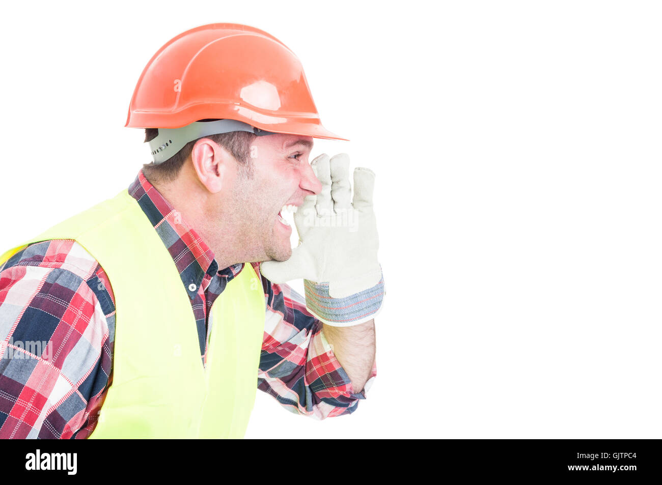 Angry builder or constructor yelling at somebody as fury concept ...