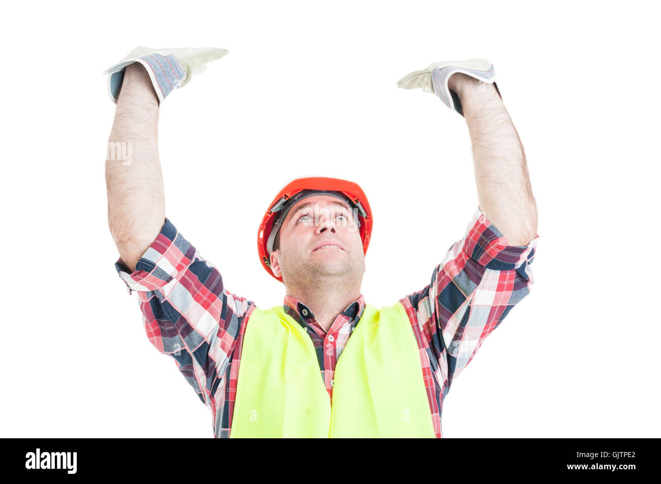 Construction worker rising up or pushing somehting heavy isolated on ...