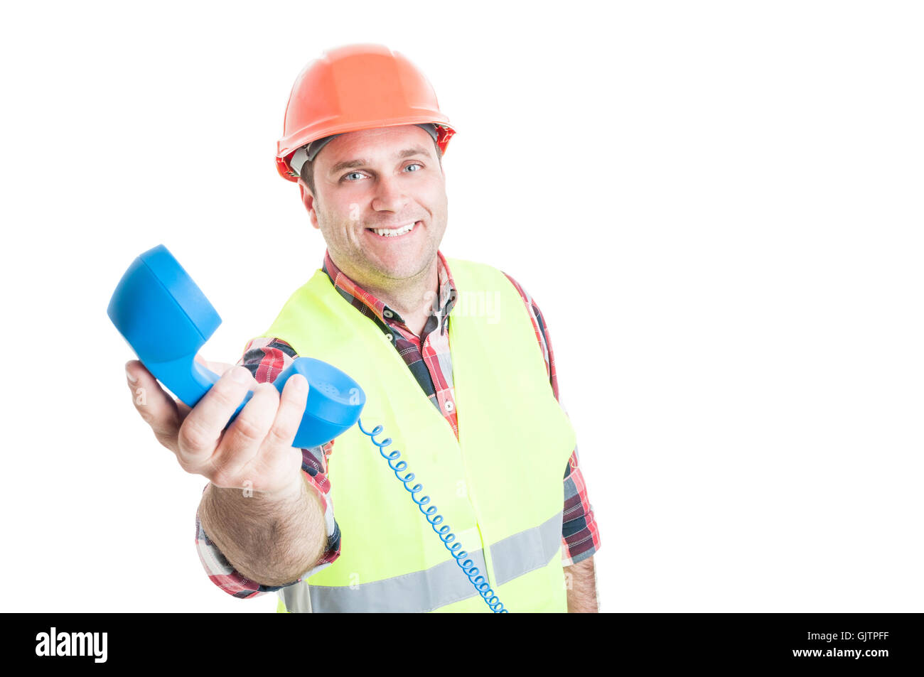 Someone is calling you concept with smiling builder offering phone ...