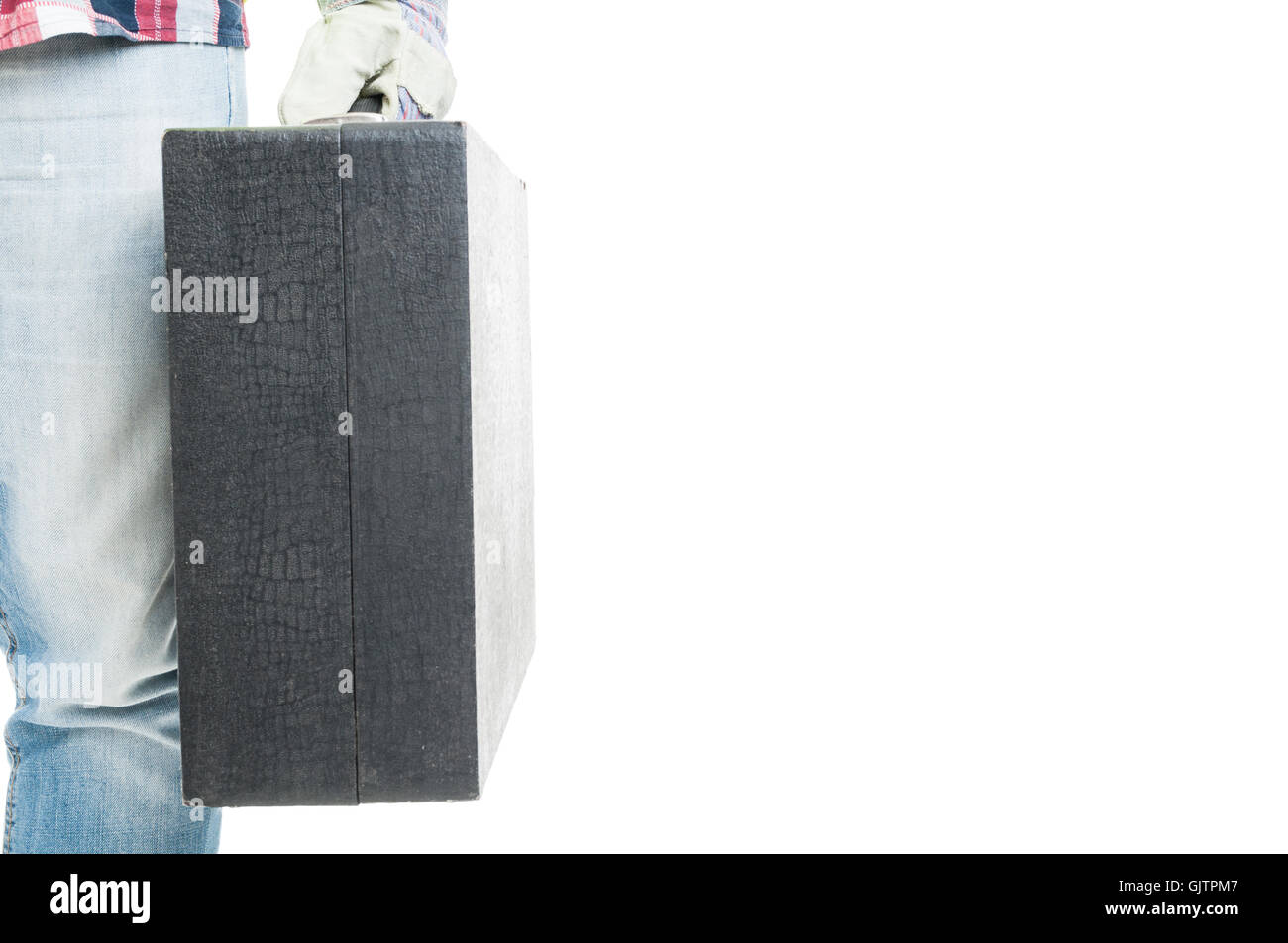 Male worker holding black tool box with advertising area isolated on ...