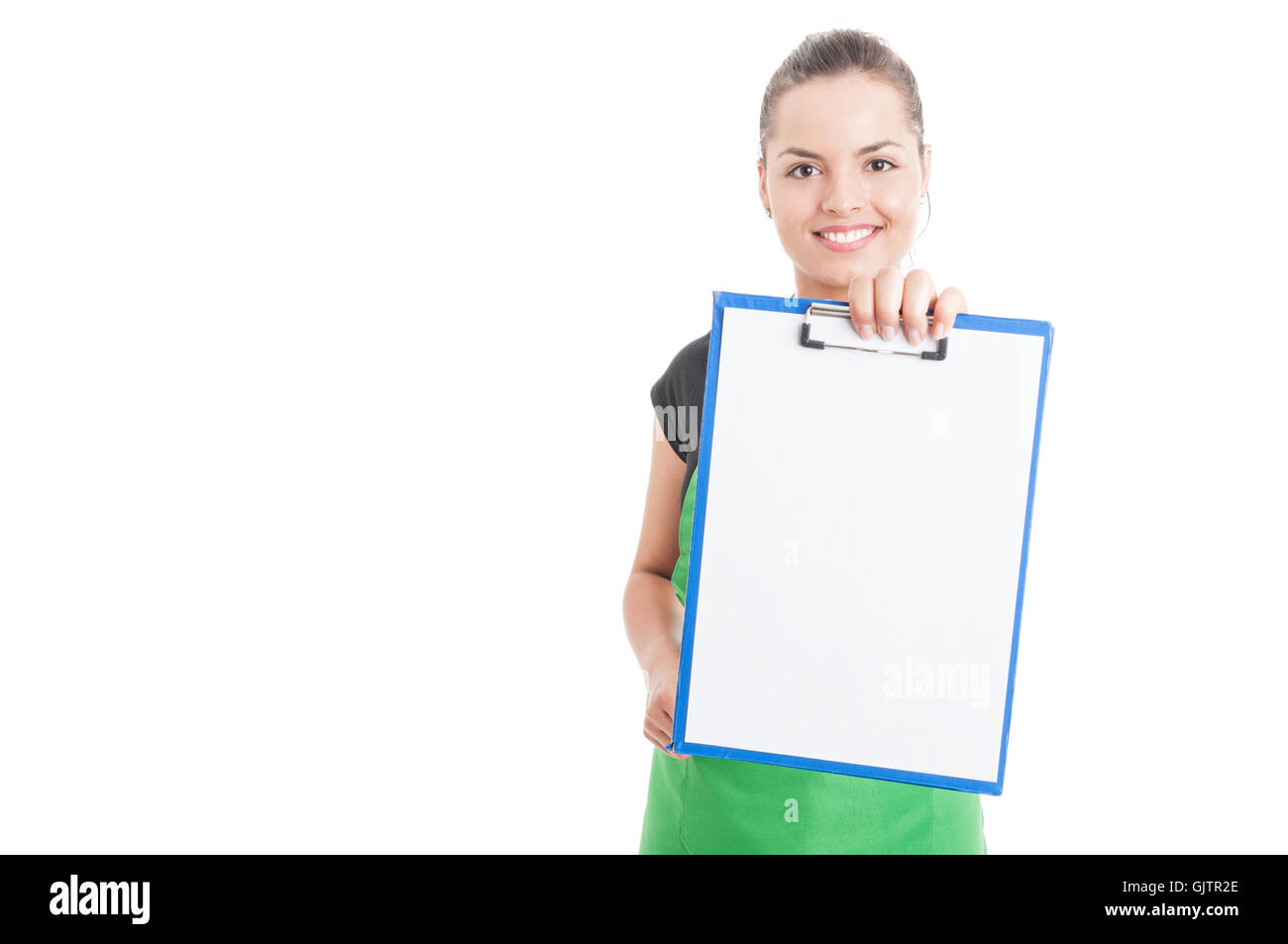 Cheerful employee holding clipboard with blank paper and copyspace ...
