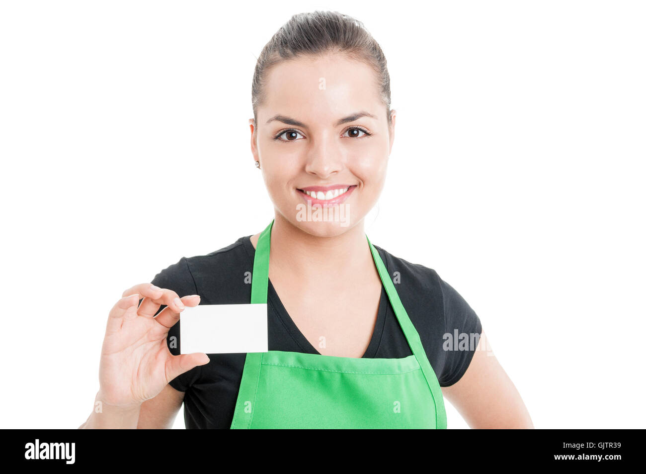 Portrait of cute employee with empty visit card and copy space isolated ...