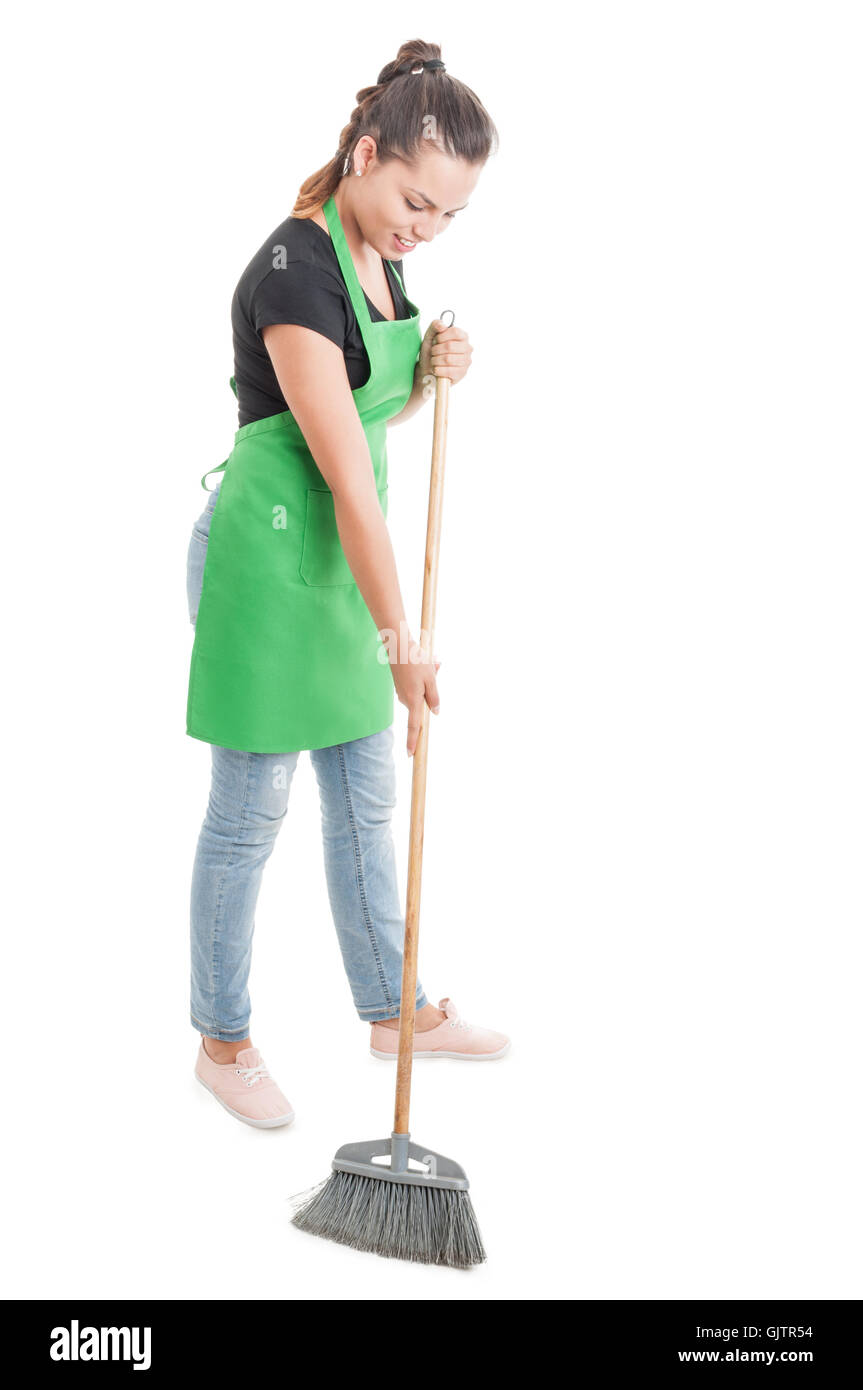 Hypermarket employee sweeping the store floor as cleaning and hygiene ...