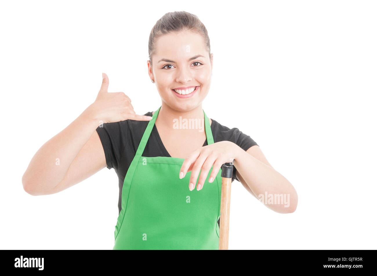 Cleaning services concept with beautiful young girl making a call ...