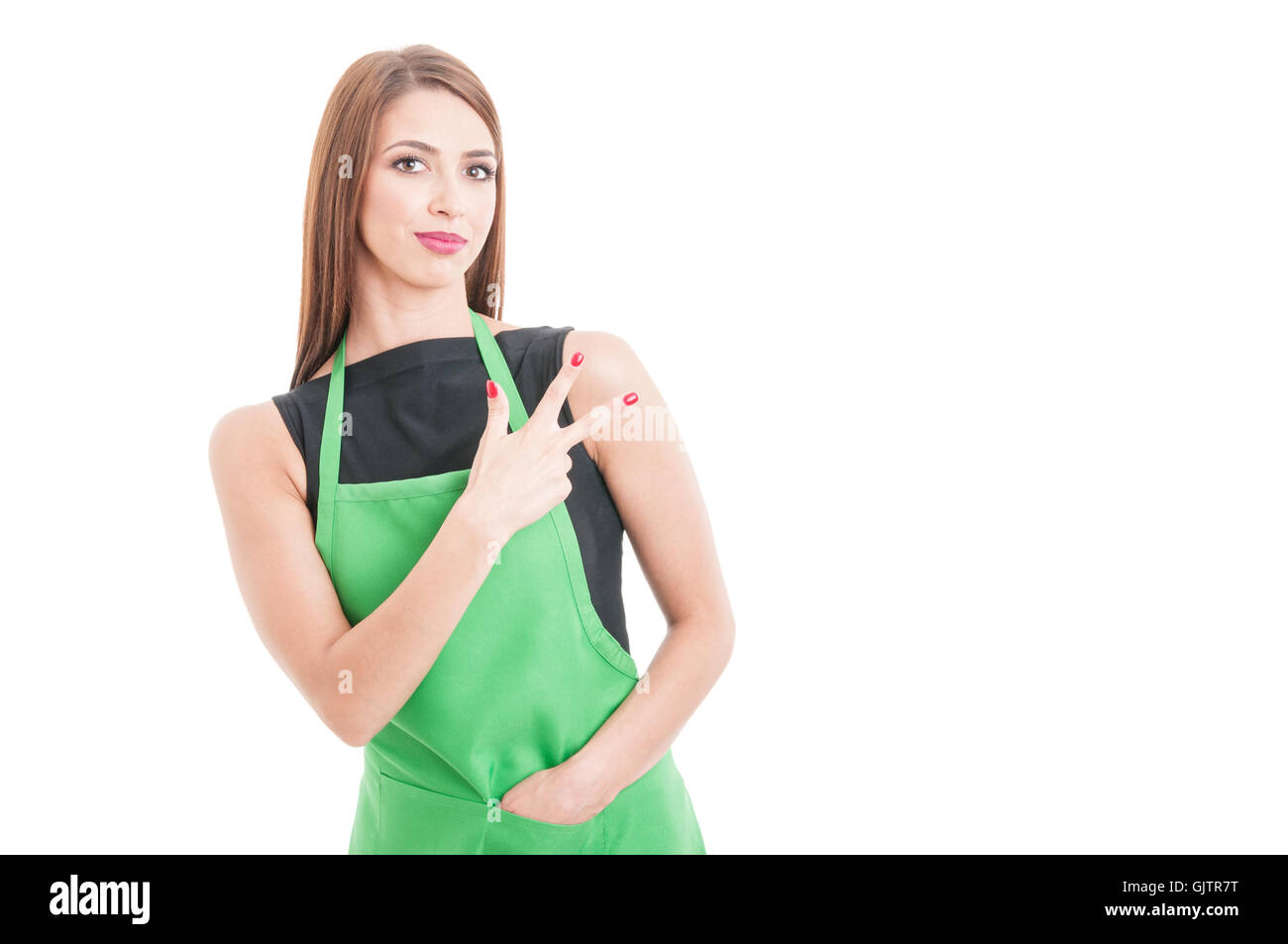 Portrait of female employee showing three fingers isolated on white ...