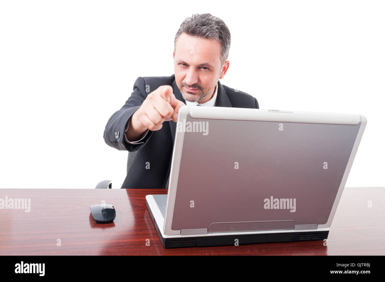 Business manager in office pointing finger at you isolated on white ...