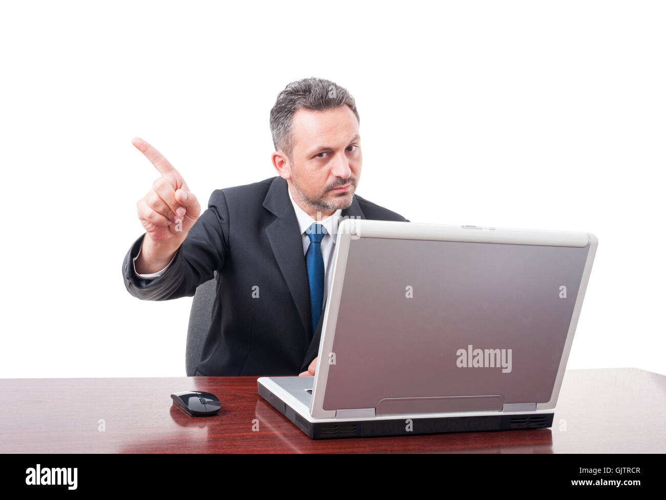 Business man doing refusal gesture with index finger isolated on white ...