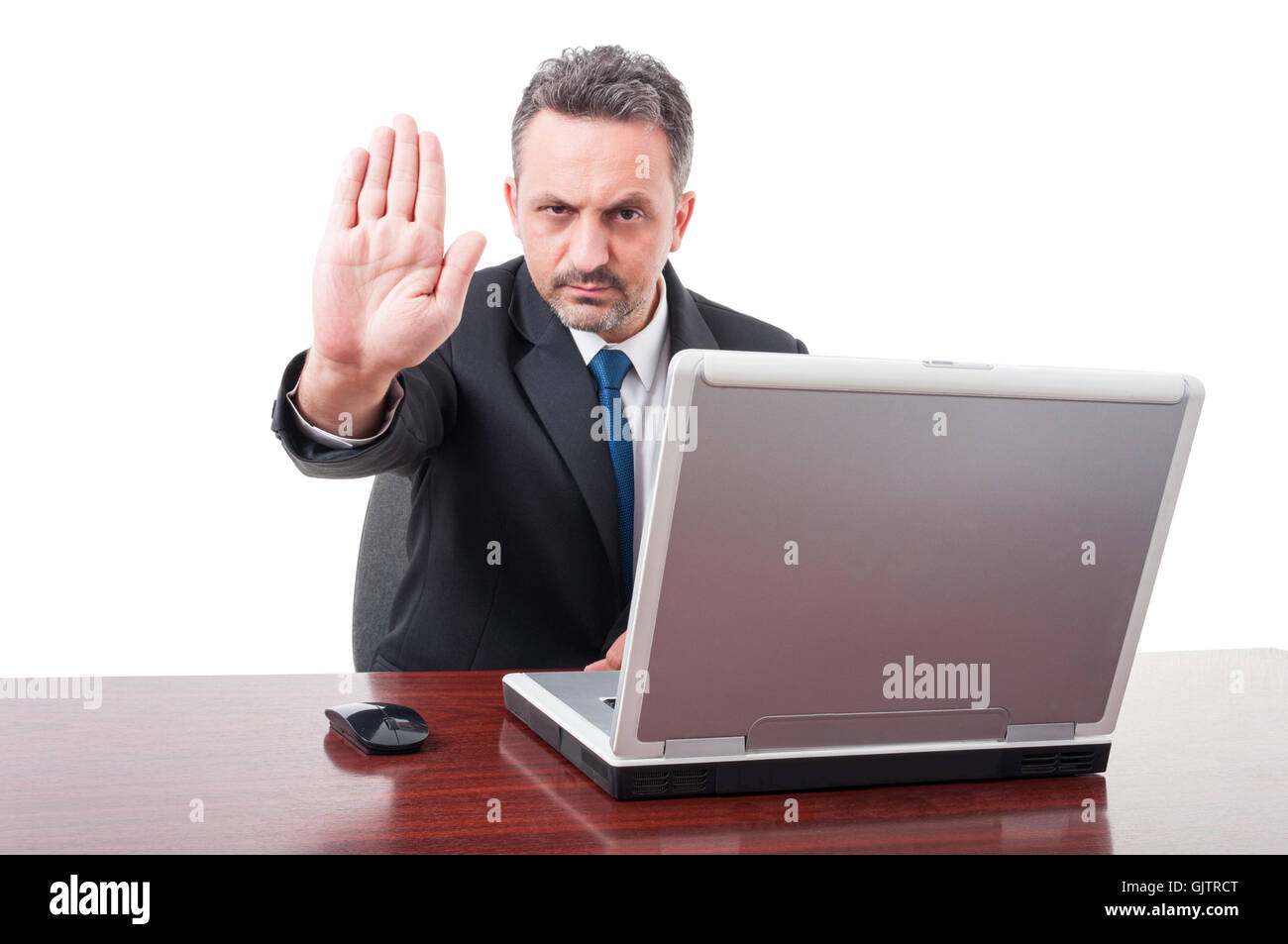 Serious executive manager doing stop sign as rejection gesture concept ...