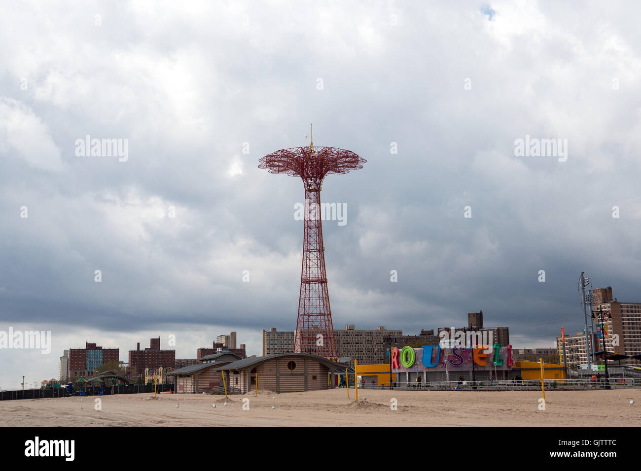 Boardwalk view to the amusement park in the Coney Island, New York ...