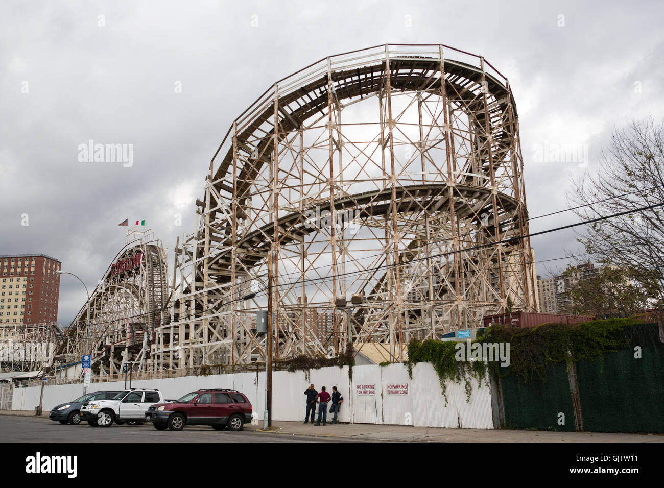 Cyclone wooden roller coaster in the amusement park in the Coney Island ...